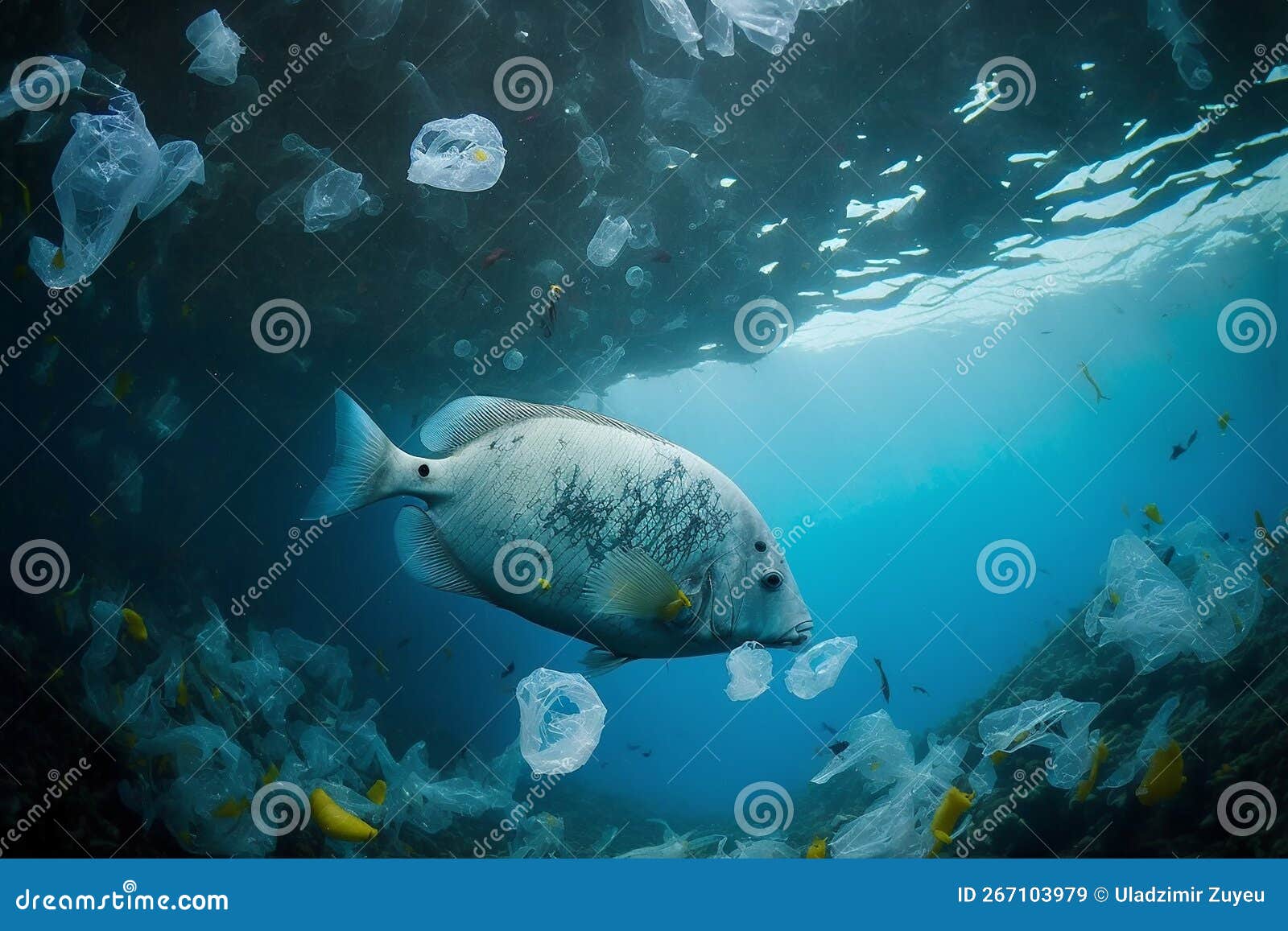 Fish in the Ocean among Plastic Waste. Created with Generative Ai ...