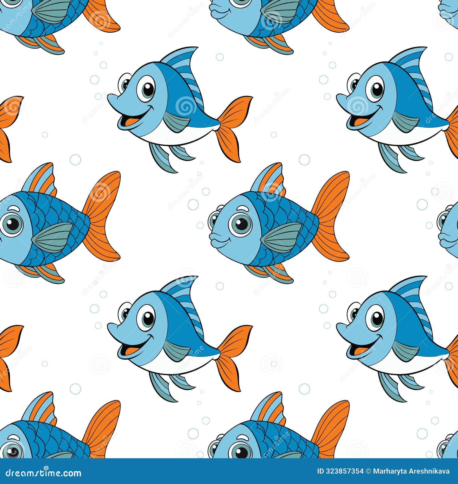 Fish Pattern in Blue and Orange with Bubbles on White Background. Stock ...