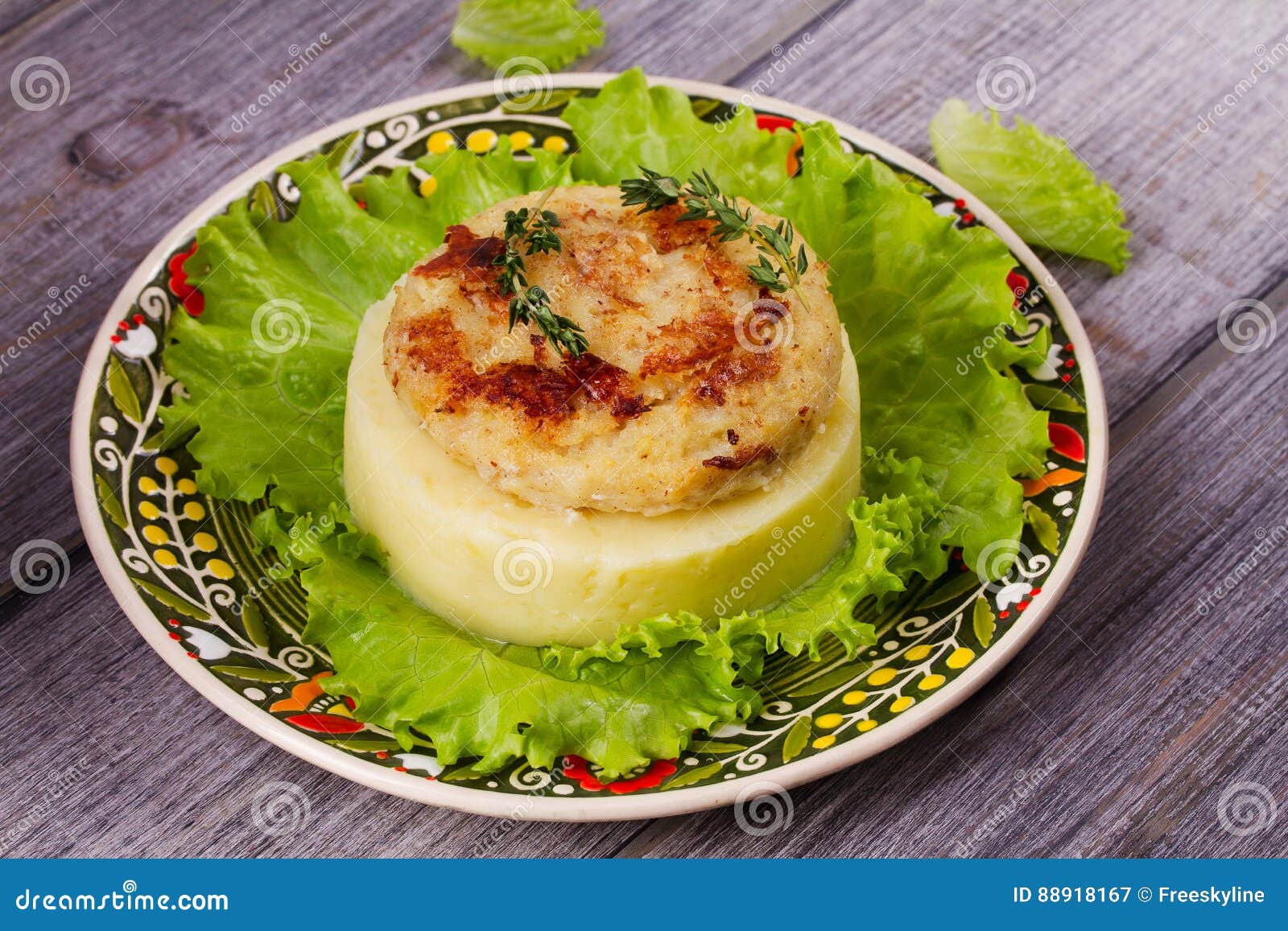 Fish Patty with Mashed Potato and Lettuce Stock Image - Image of eating ...