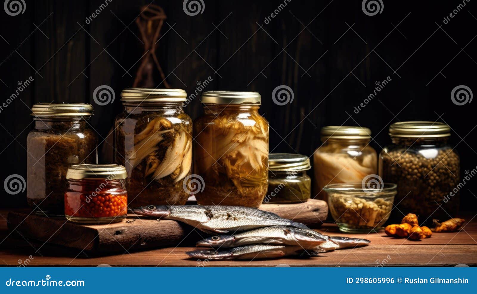 Fish Pieces Preserved in a Jar and Whole Fish Stock Illustration ...