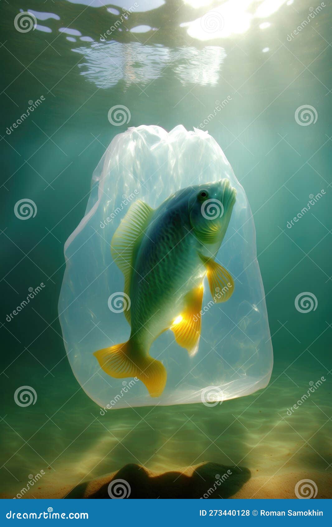Fish in Plastic Bag. Massive Plastic Pollution Underwater Concept ...