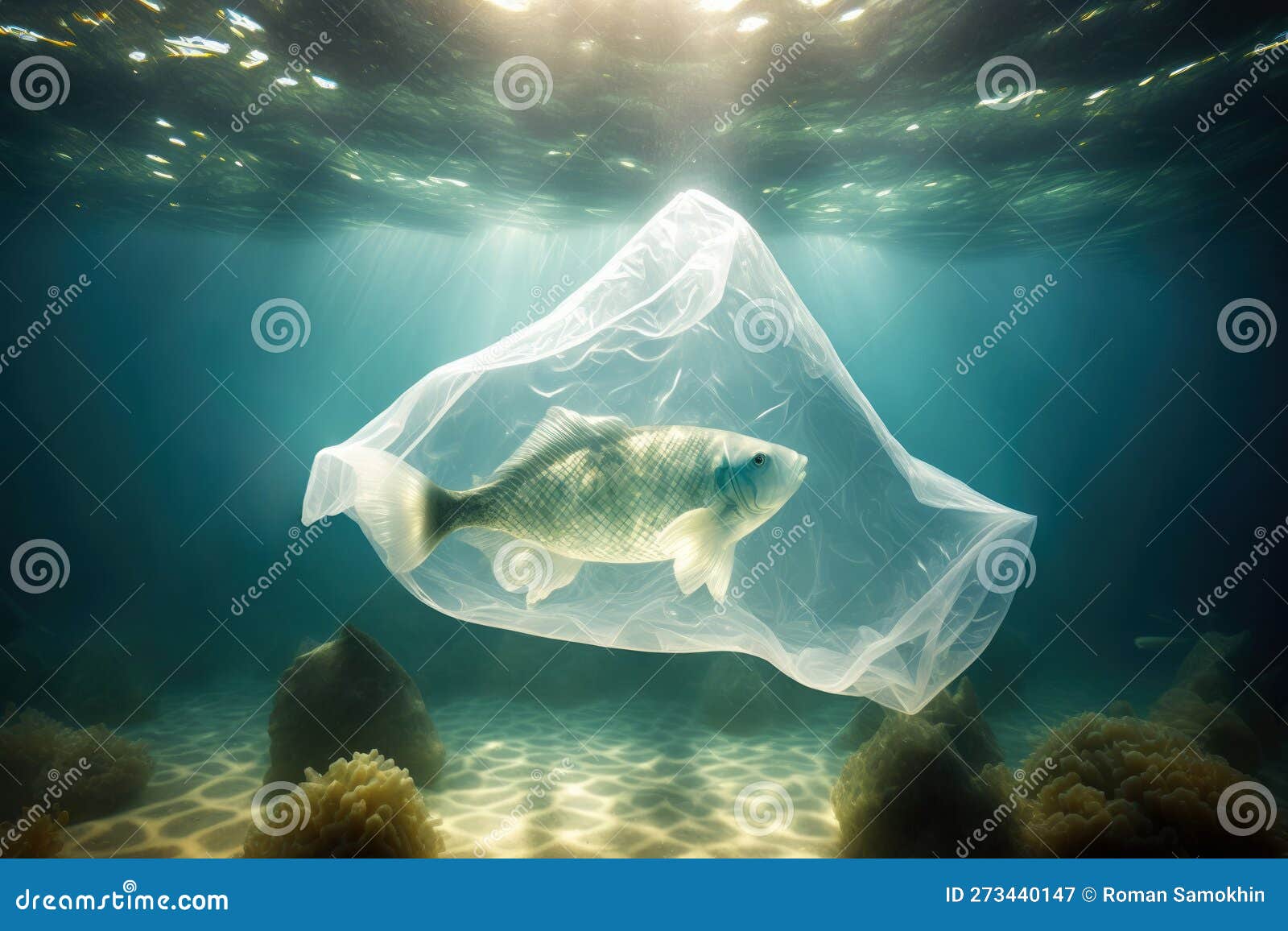 Fish in Plastic Bag. Massive Plastic Pollution Underwater Concept ...