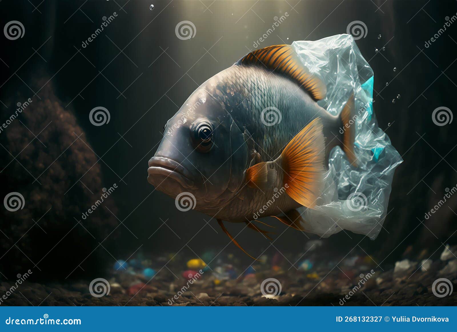 Fish with a Plastic Bag. Ocean Plastic Pollution Concept Stock Image ...