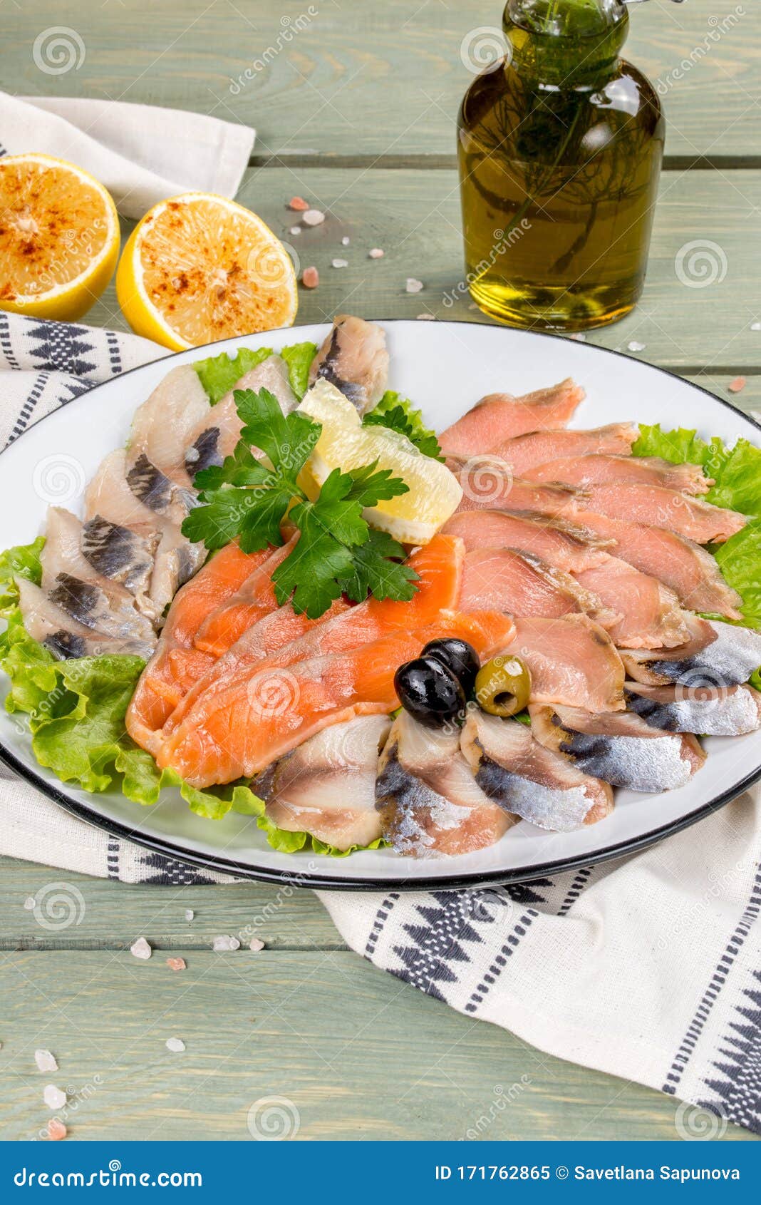 Fish Plate with Different Types of Smoked and Salted Fish Stock Image ...