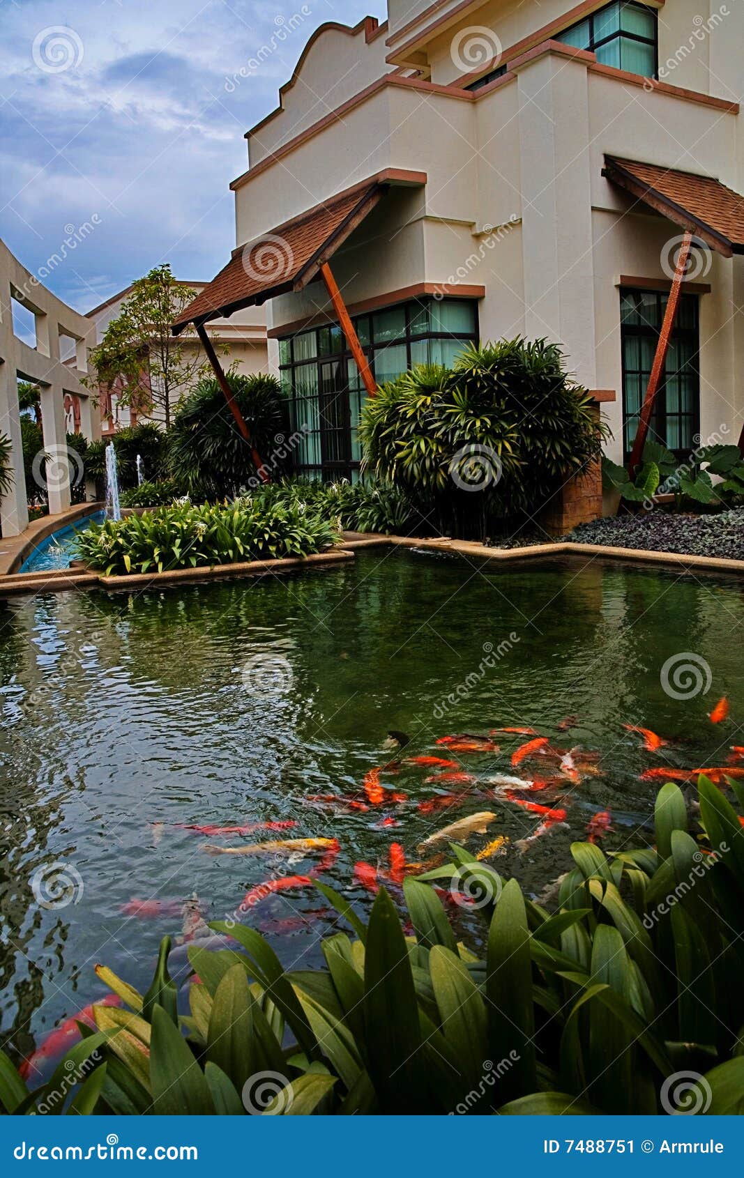 Fish Pond Landscape stock image. Image of building, outdoor - 7488751