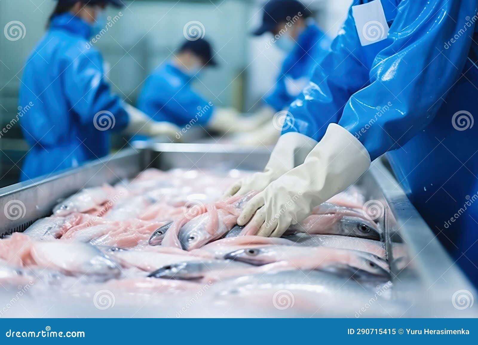 Fish Processing Plant. Production Line. People Sort the Fish Moving ...
