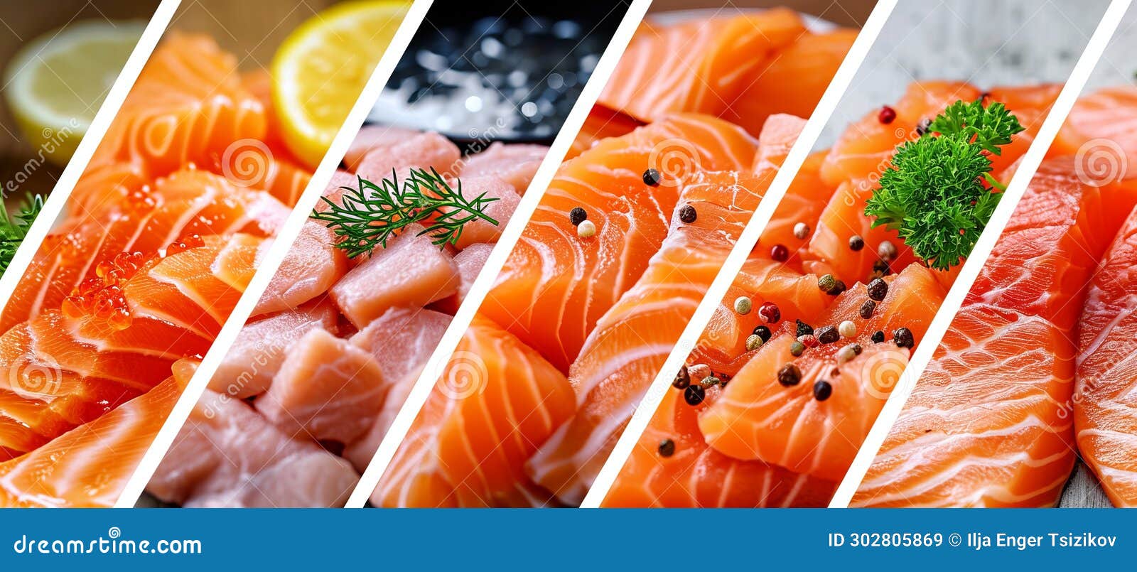 Fish Product Collage Diverse Assortment Divided by White Vertical Lines ...