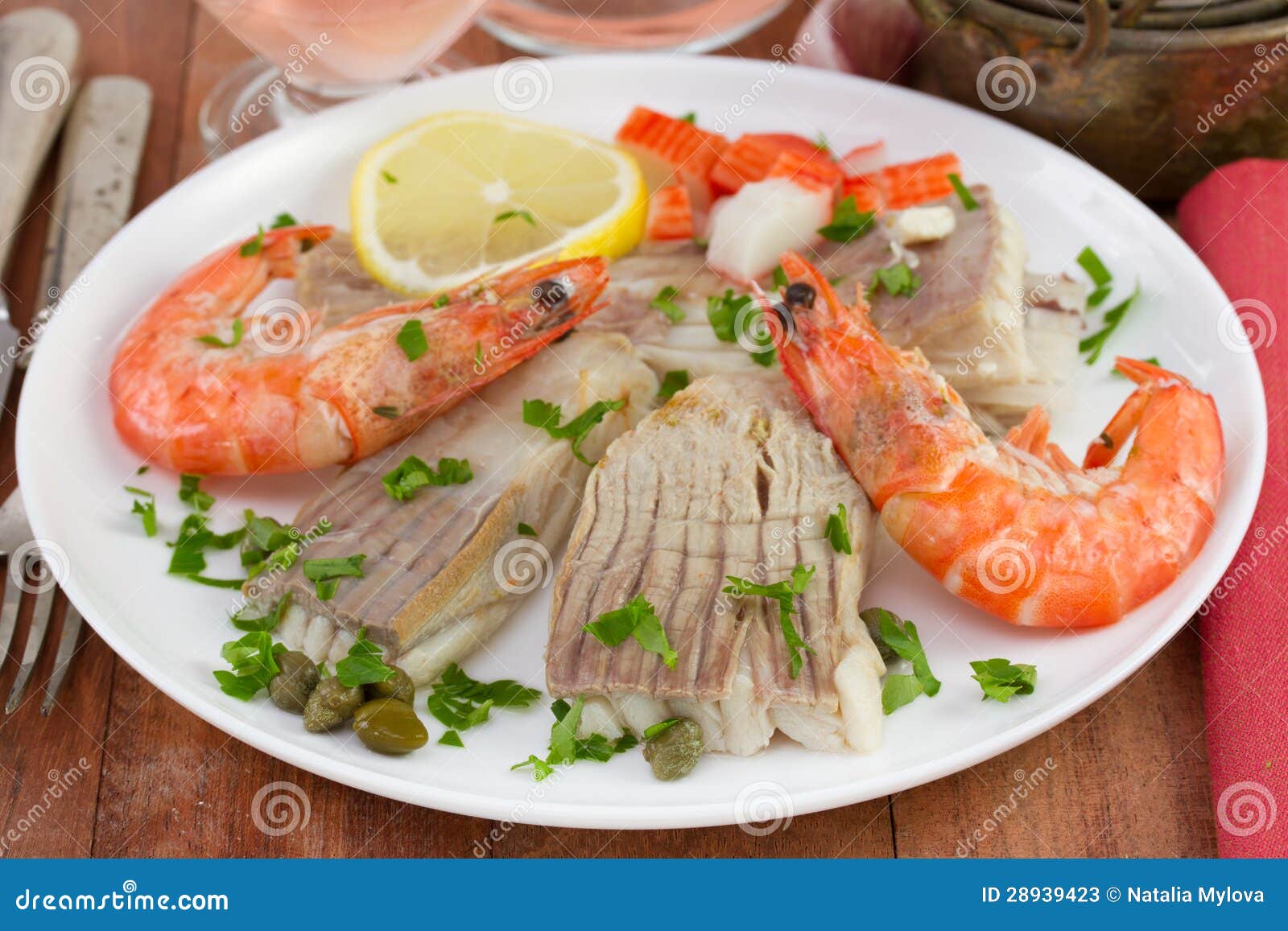 Fish Ray with Seafood, Capers and Lemon Stock Image - Image of batoidea ...
