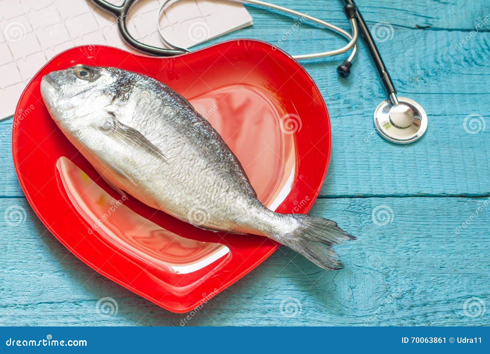 Fish on Red Heart Plate and Stethoscope Stock Image - Image of medical ...