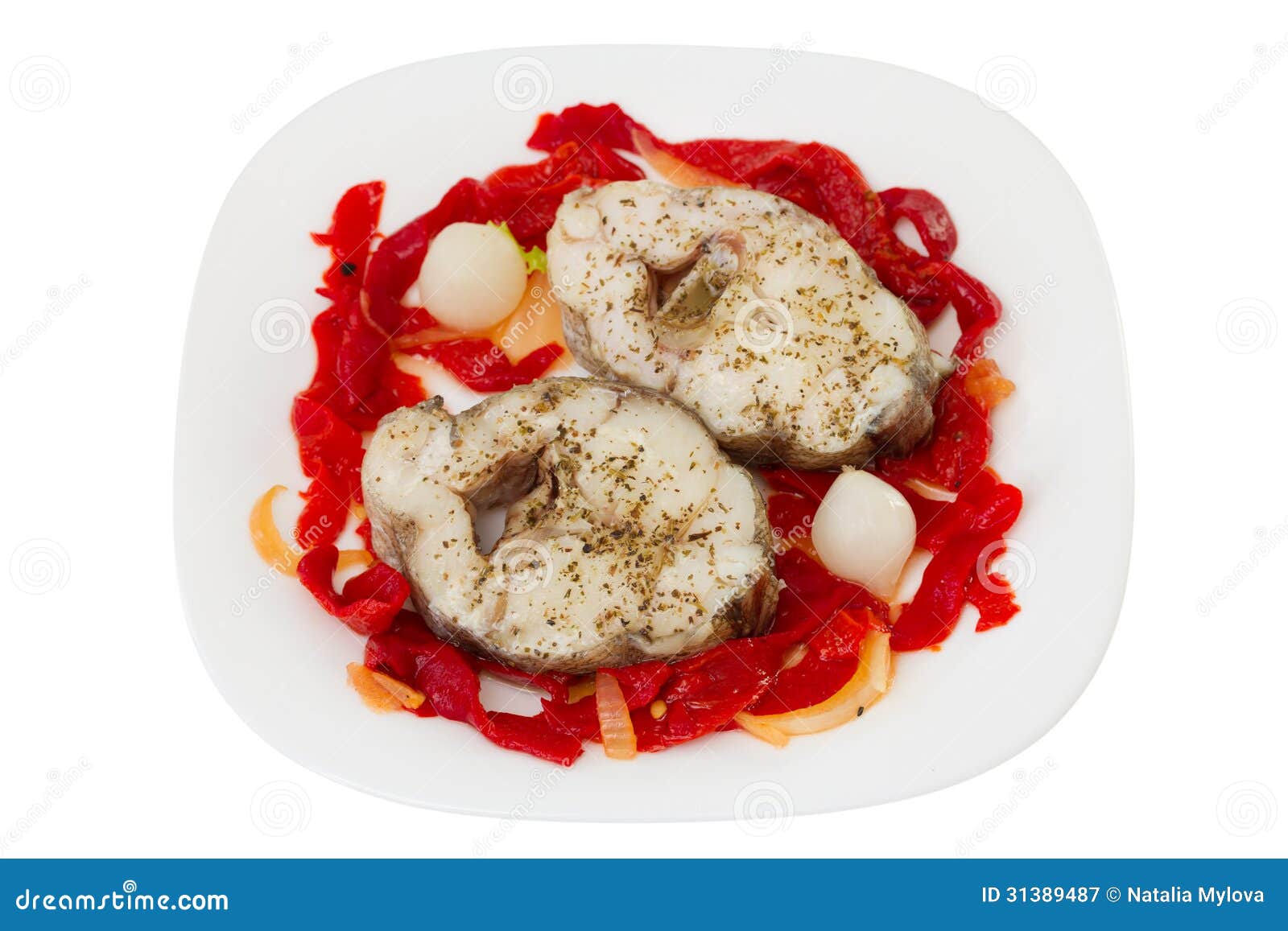 Fish with Red Pepper on Plate Stock Image - Image of pepper, fish: 31389487