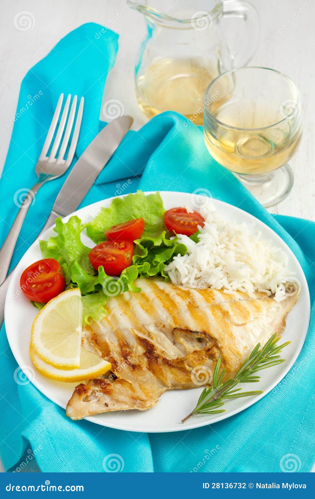 Fish with Rice and Salad on the Plate Stock Photo - Image of plate ...
