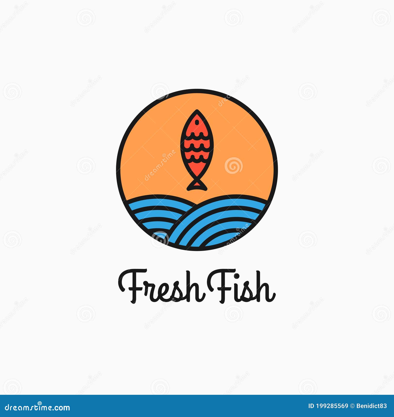 Fish Round Logo. Linear Circle with Fish and Waves Stock Vector ...