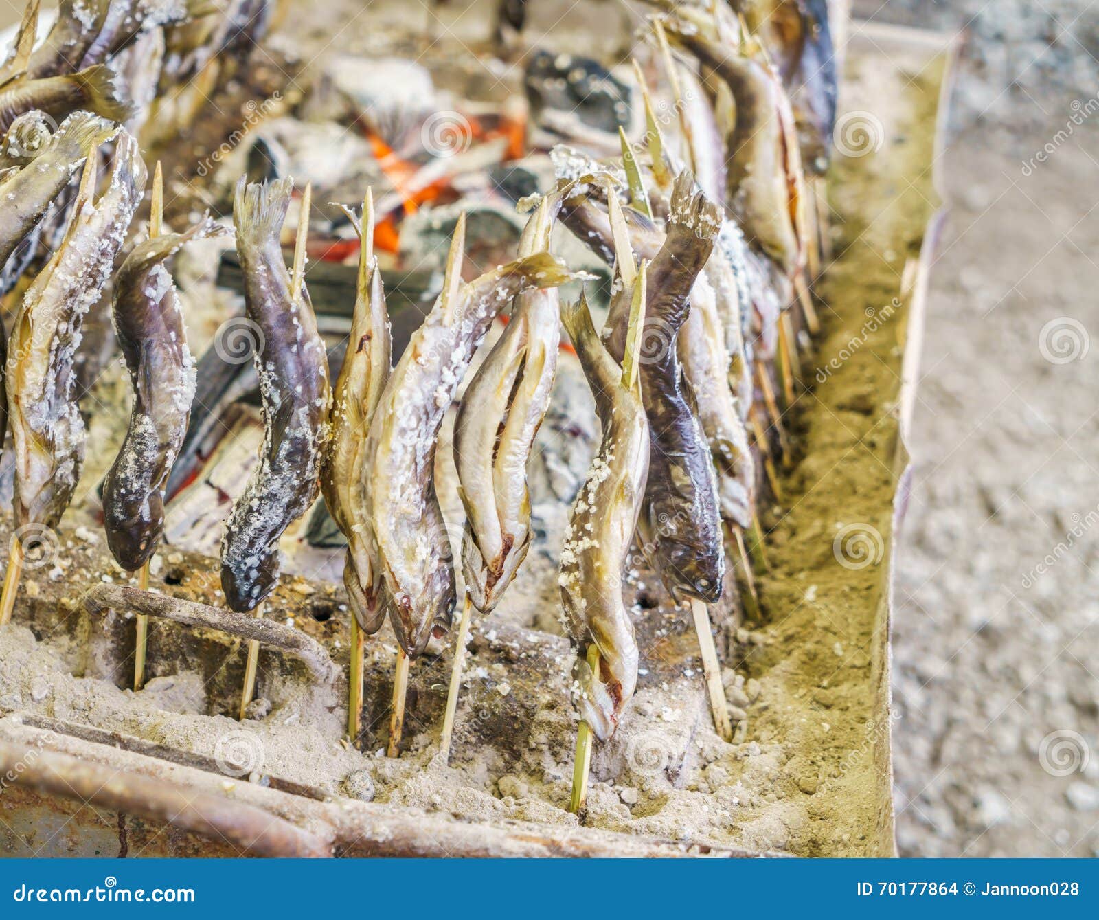 Fish with Salt Being Grilled Outdoors in Japan. Stock Photo - Image of ...