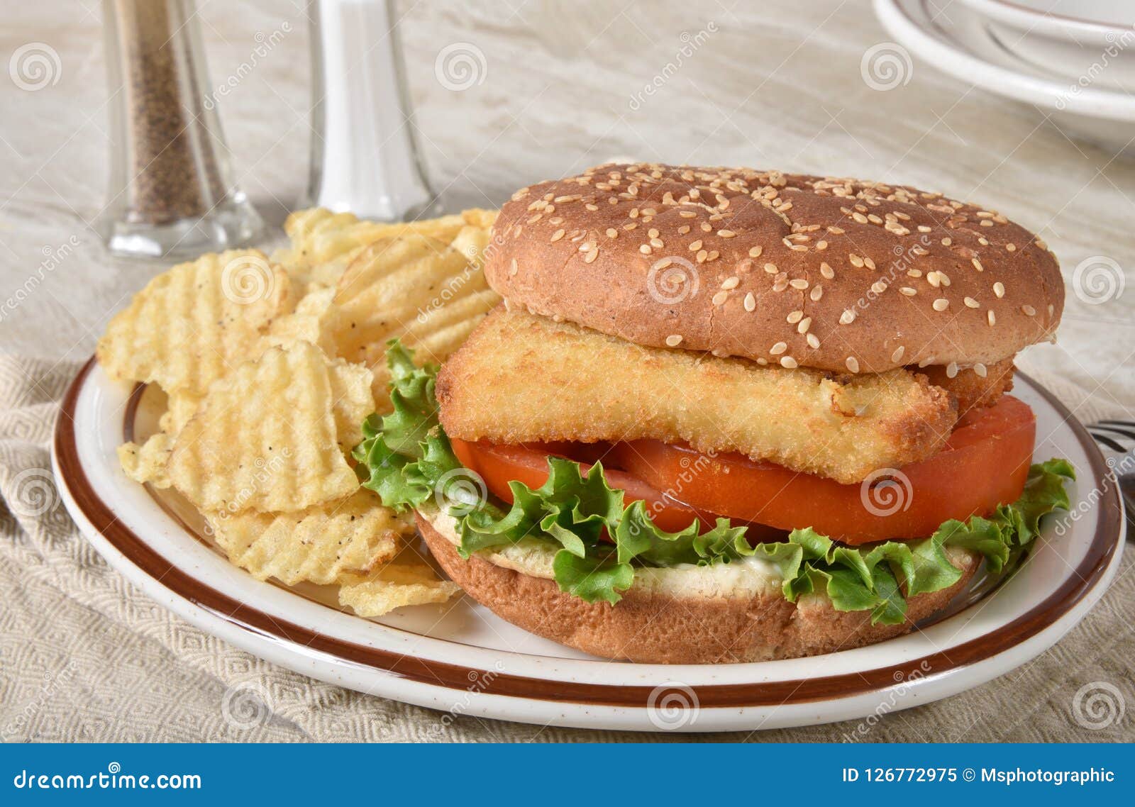 Fish Sandwich with Potato Chips Stock Image - Image of lunch, healthy ...