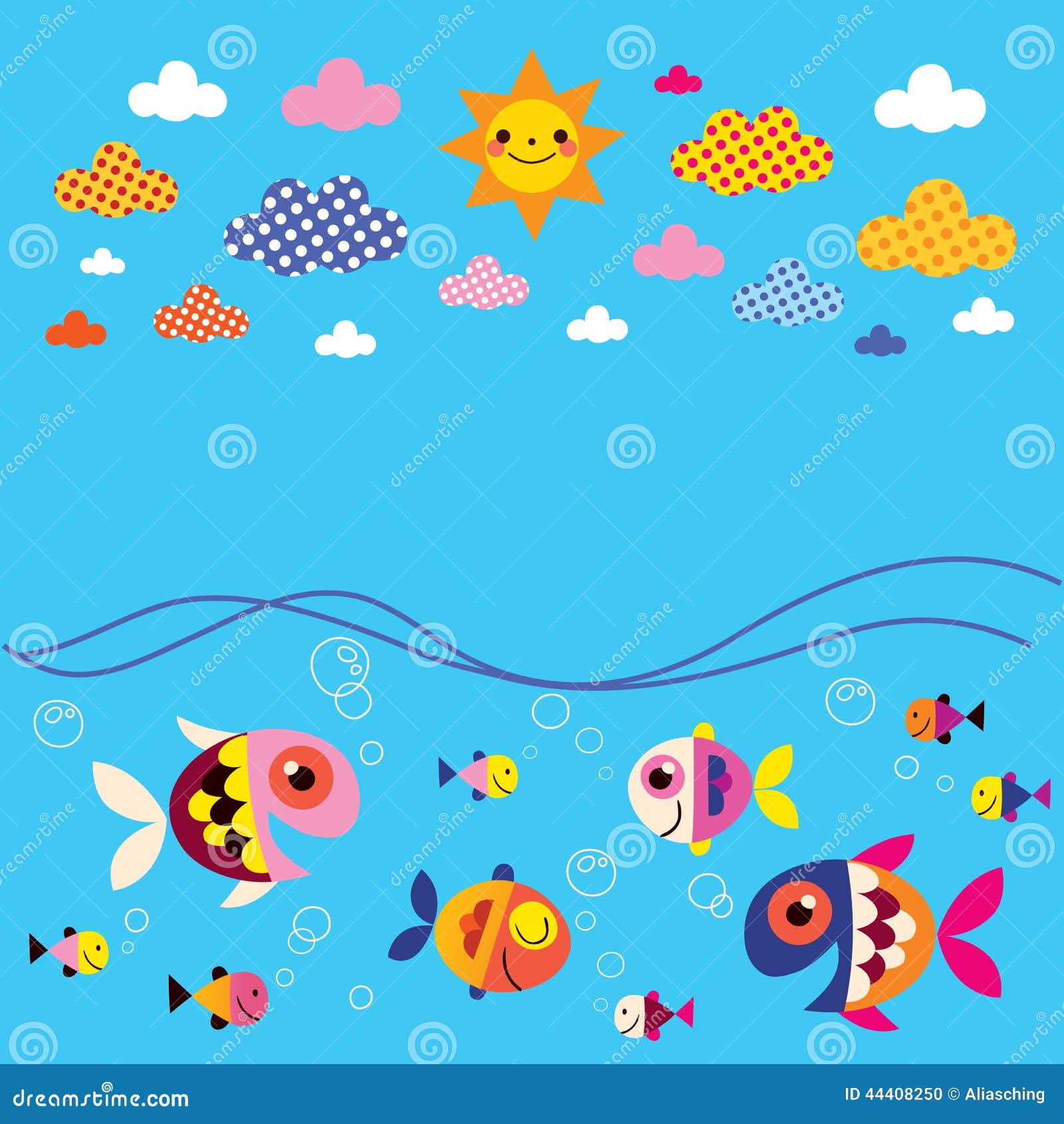 Fish, Sea, Clouds, Sun Summer Background Stock Vector - Illustration of ...