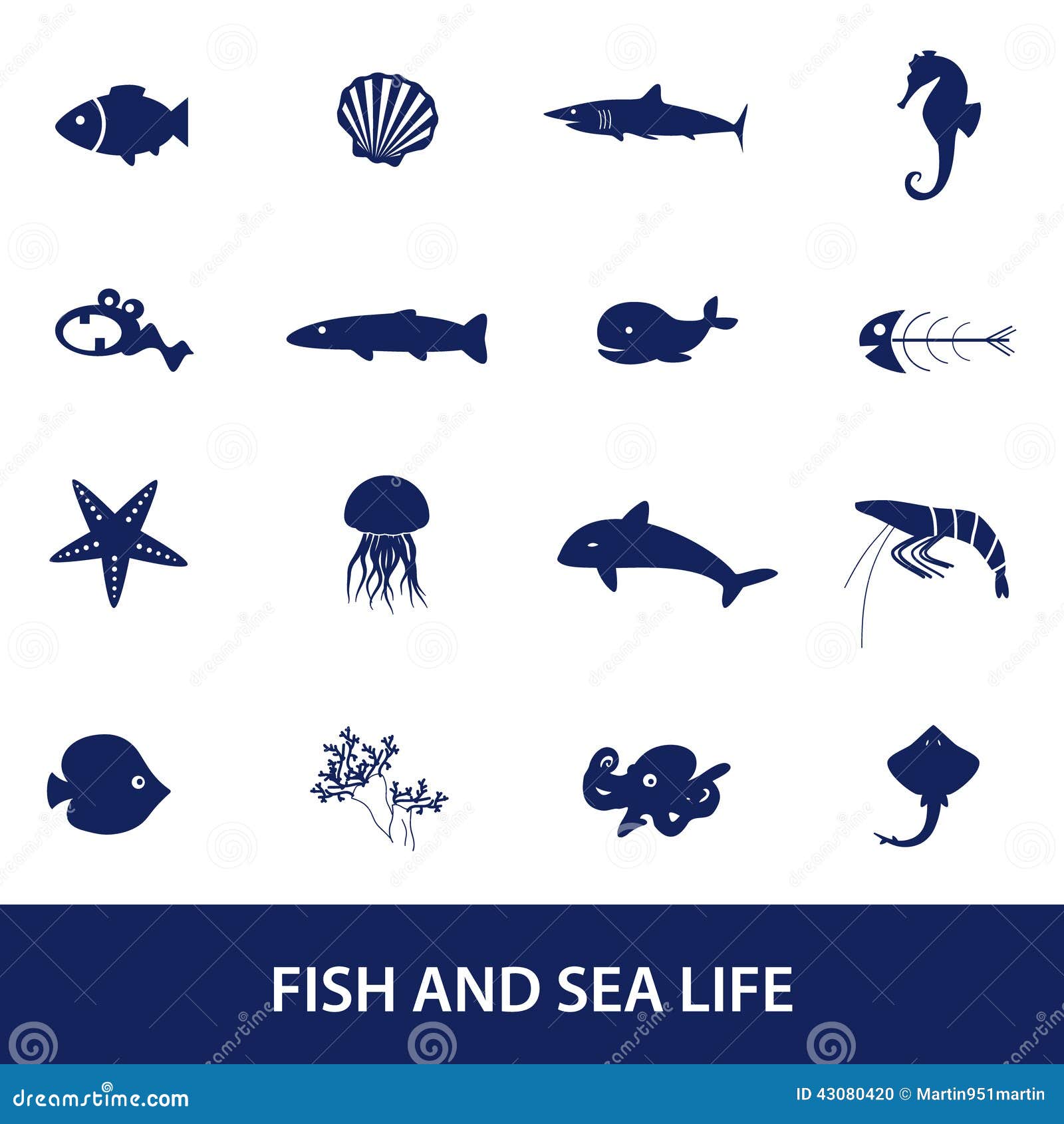 Fish and Sea Life Icons Set Stock Vector - Illustration of monkfish ...