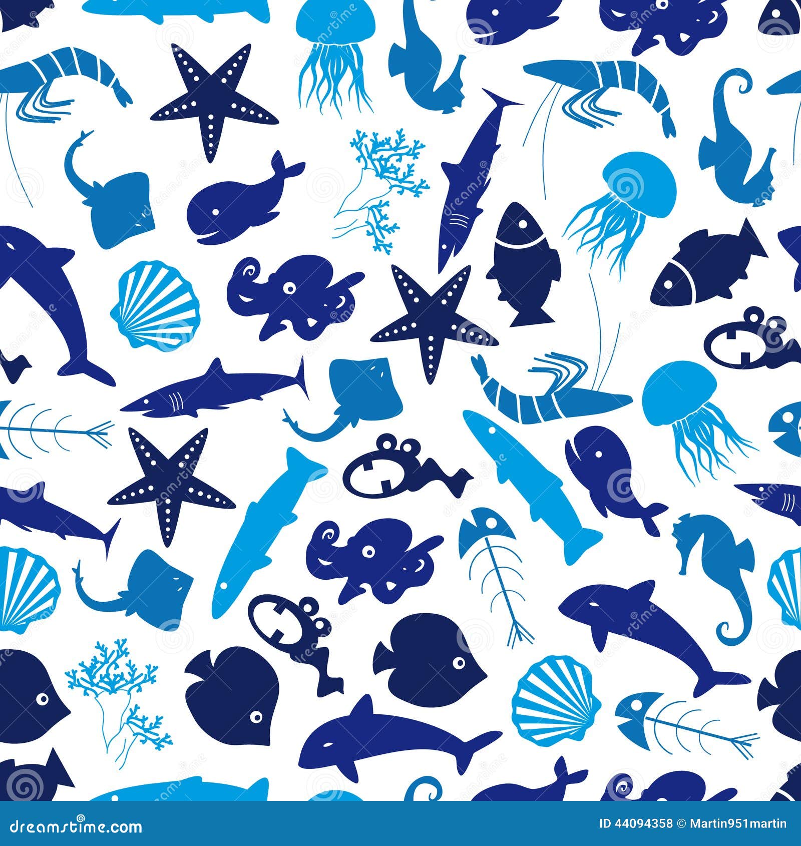 Fish and Sea Life Seamless Pattern Stock Vector - Illustration of blue ...