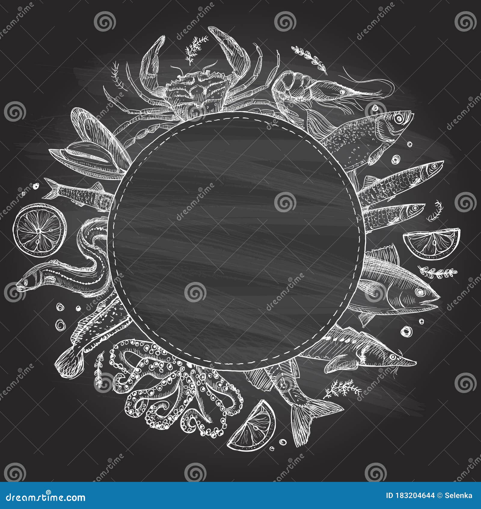 Fish and Seafood Chalkboard Round Frame for Menu Stock Vector ...
