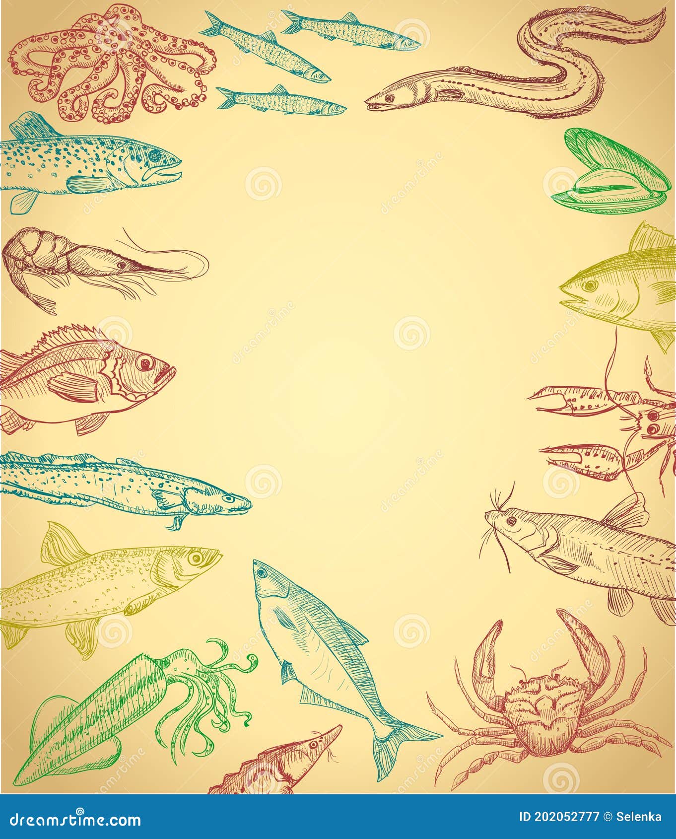 Fish and Seafood Frame, Hand Drawn Graphic Illustration with Empty ...