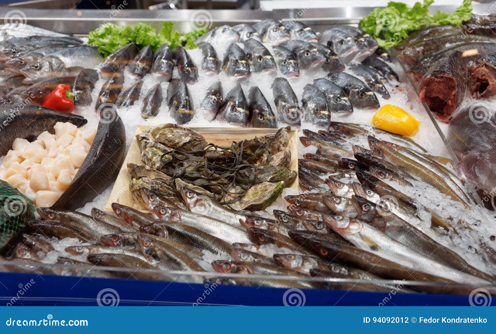Fish and Seafood on Market Display Stock Photo - Image of retail ...