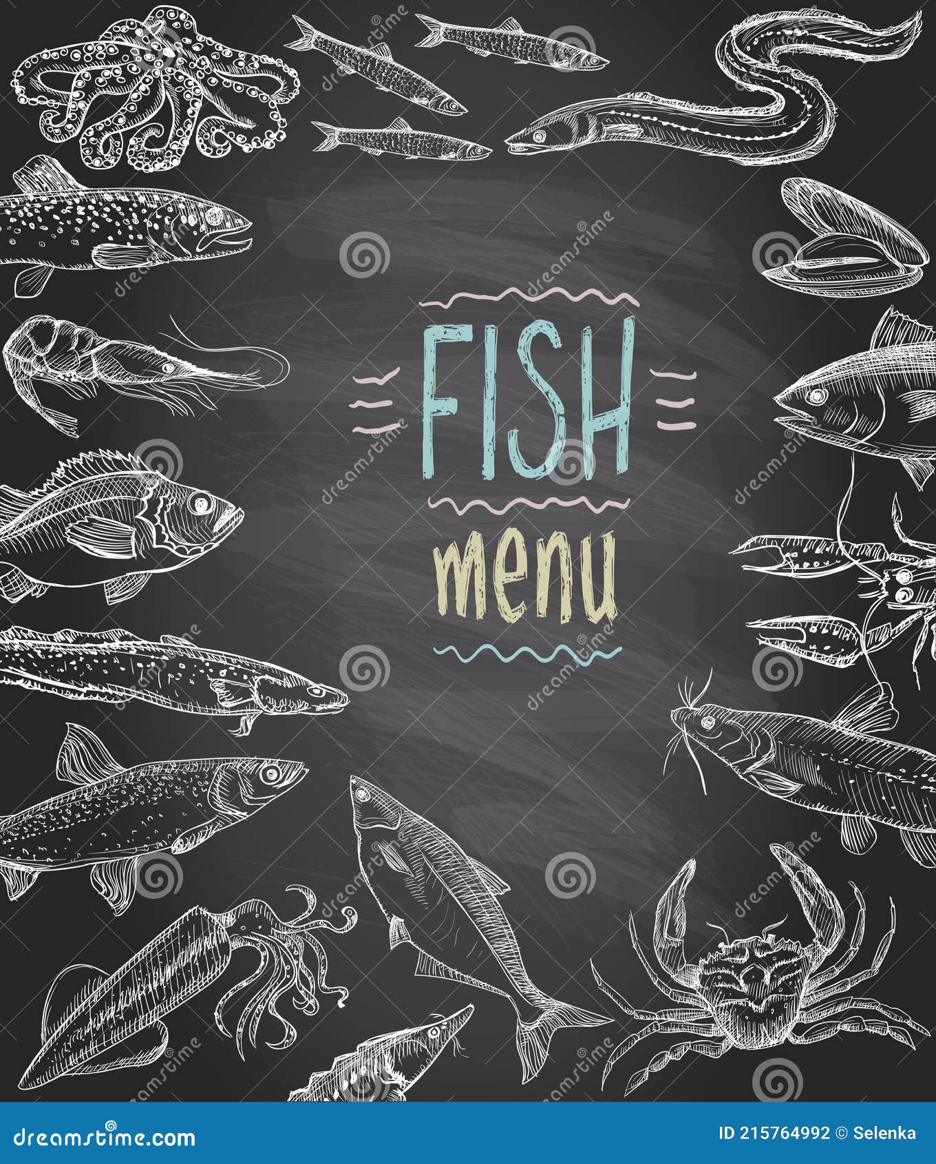 Fish and Seafood Menu Chalkboard, Hand Drawn Graphic Illustration Stock ...