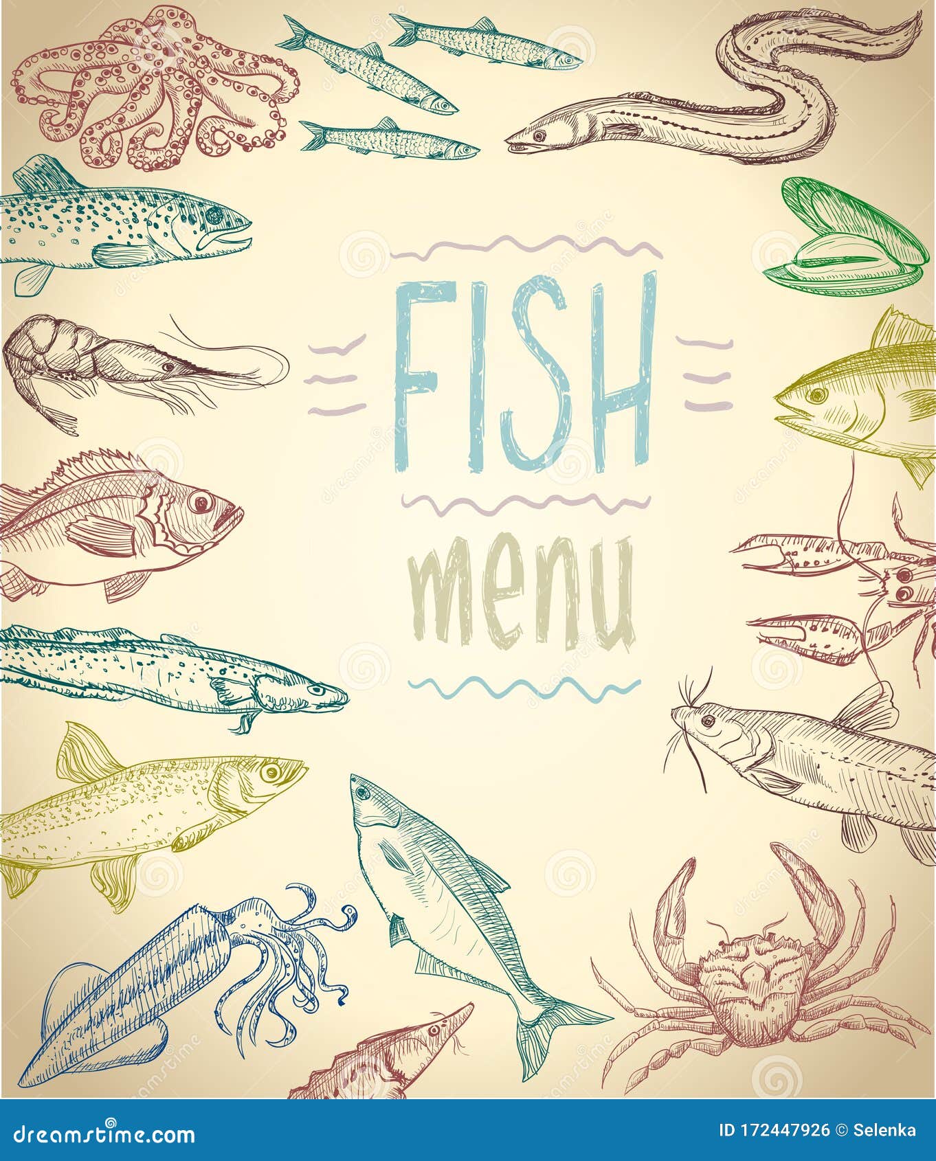 Fish and Seafood Menu, Hand Drawn Illustration Stock Vector ...