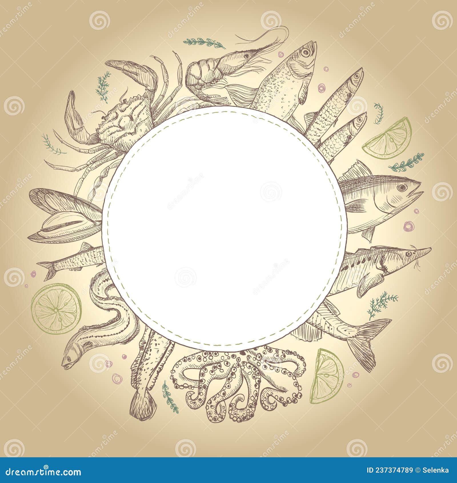 Fish and Seafood Round Frame for Menu Stock Vector - Illustration of ...