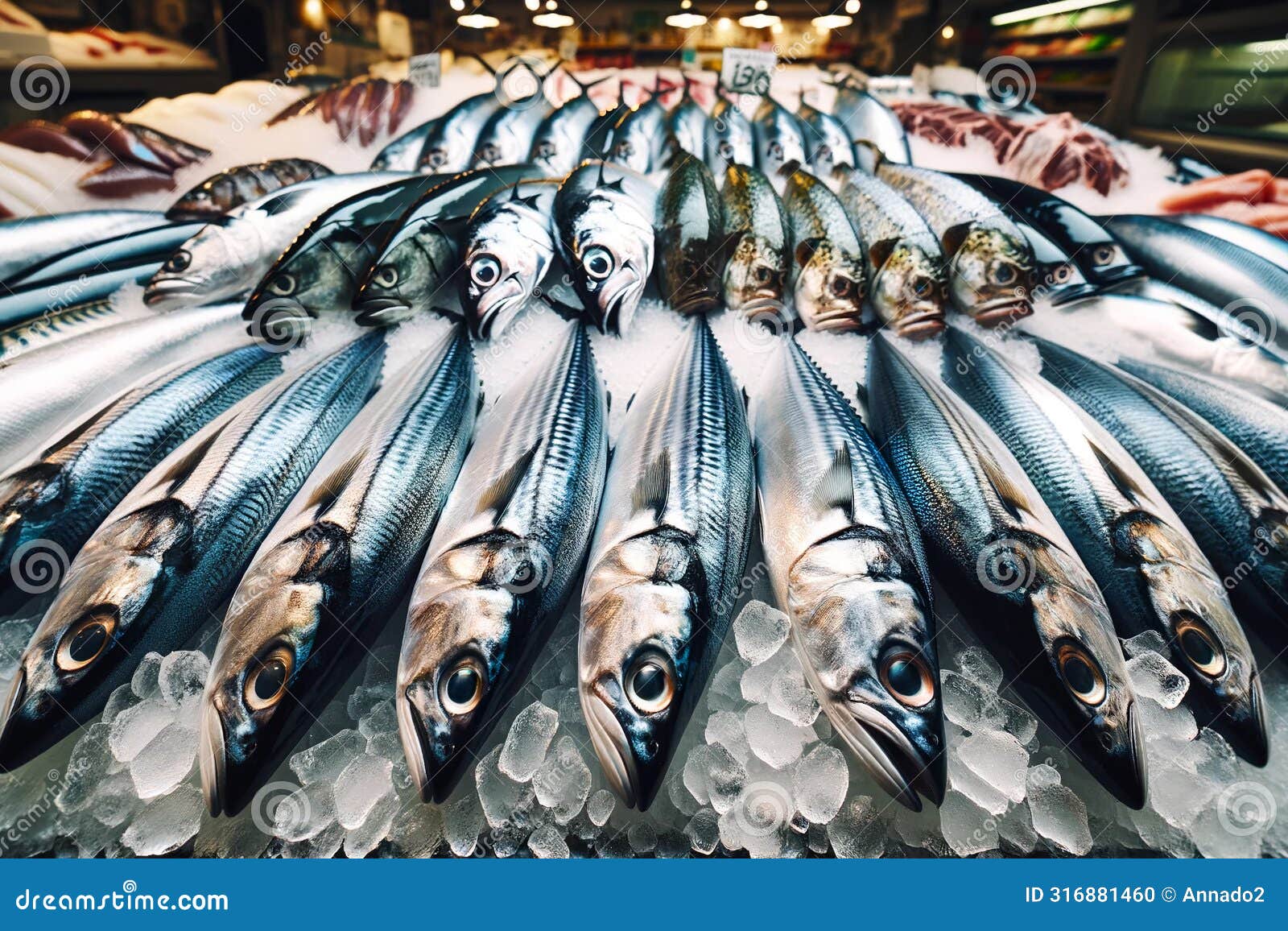 Fish Showcase at the Seafood Market with Herring, Mackerel and Cod in Ice Stock Illustration ...