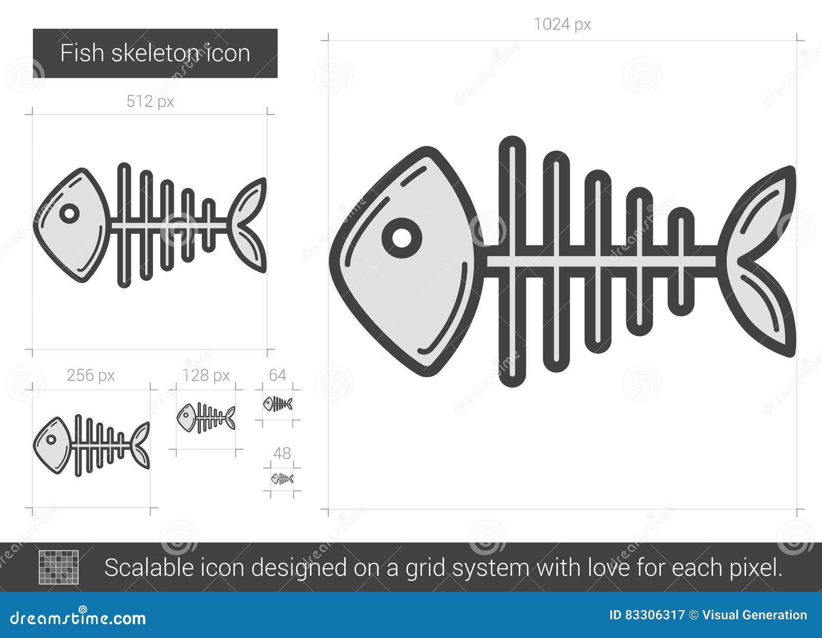 Fish skeleton line icon. stock vector. Illustration of object - 83306317