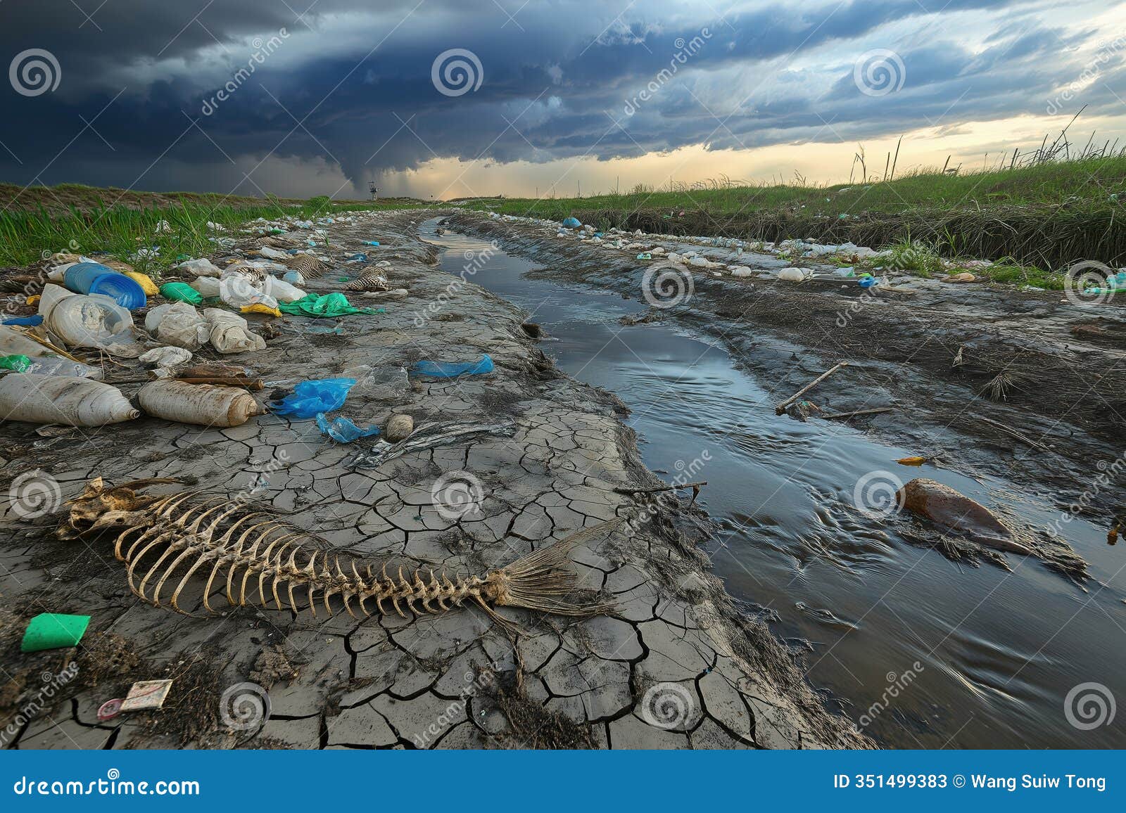 Fish Skeleton Lying on Dried River Bank Polluted by Plastic Waste Stock ...