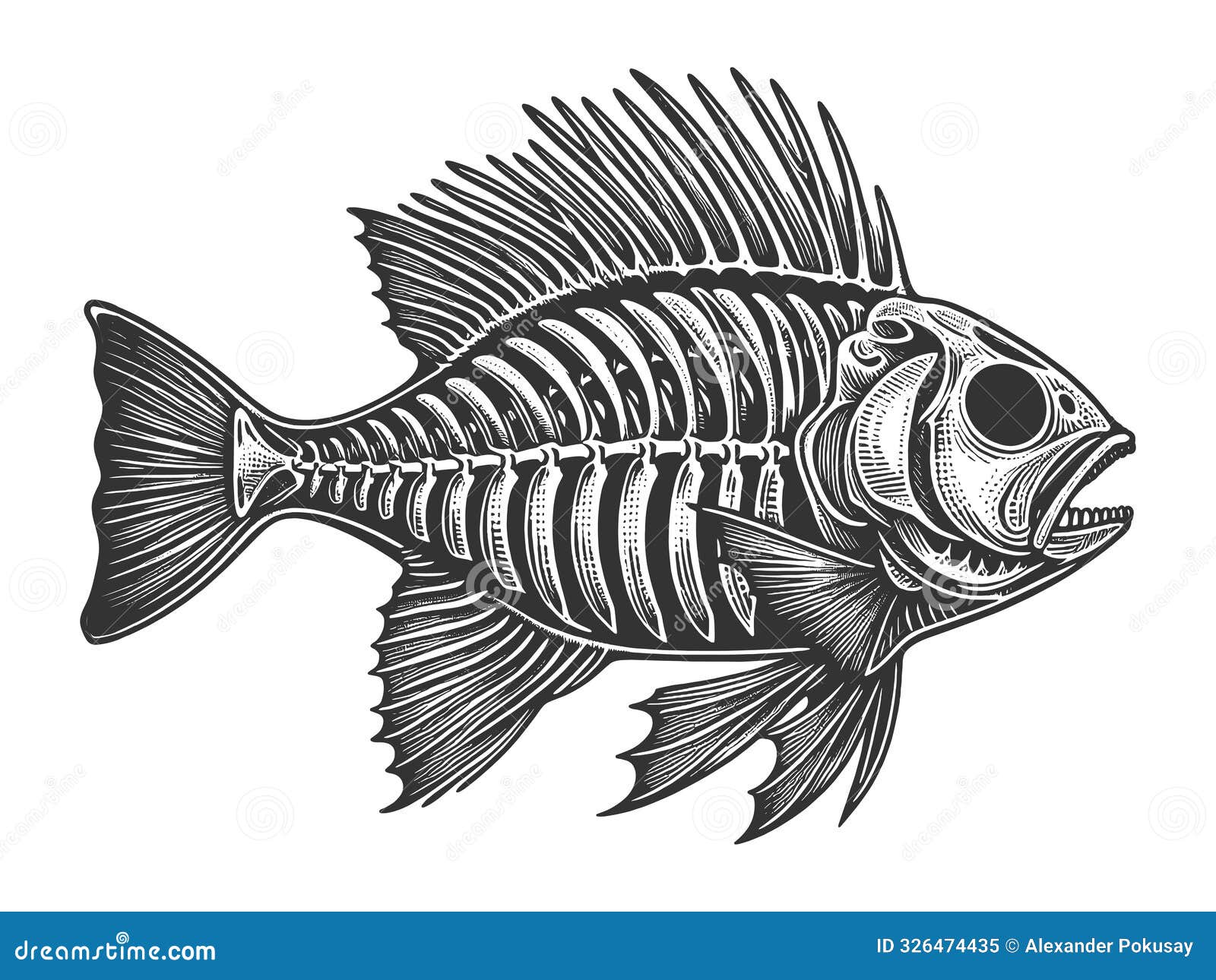 Skeleton of Fish Engraving Raster Illustration Stock Illustration ...
