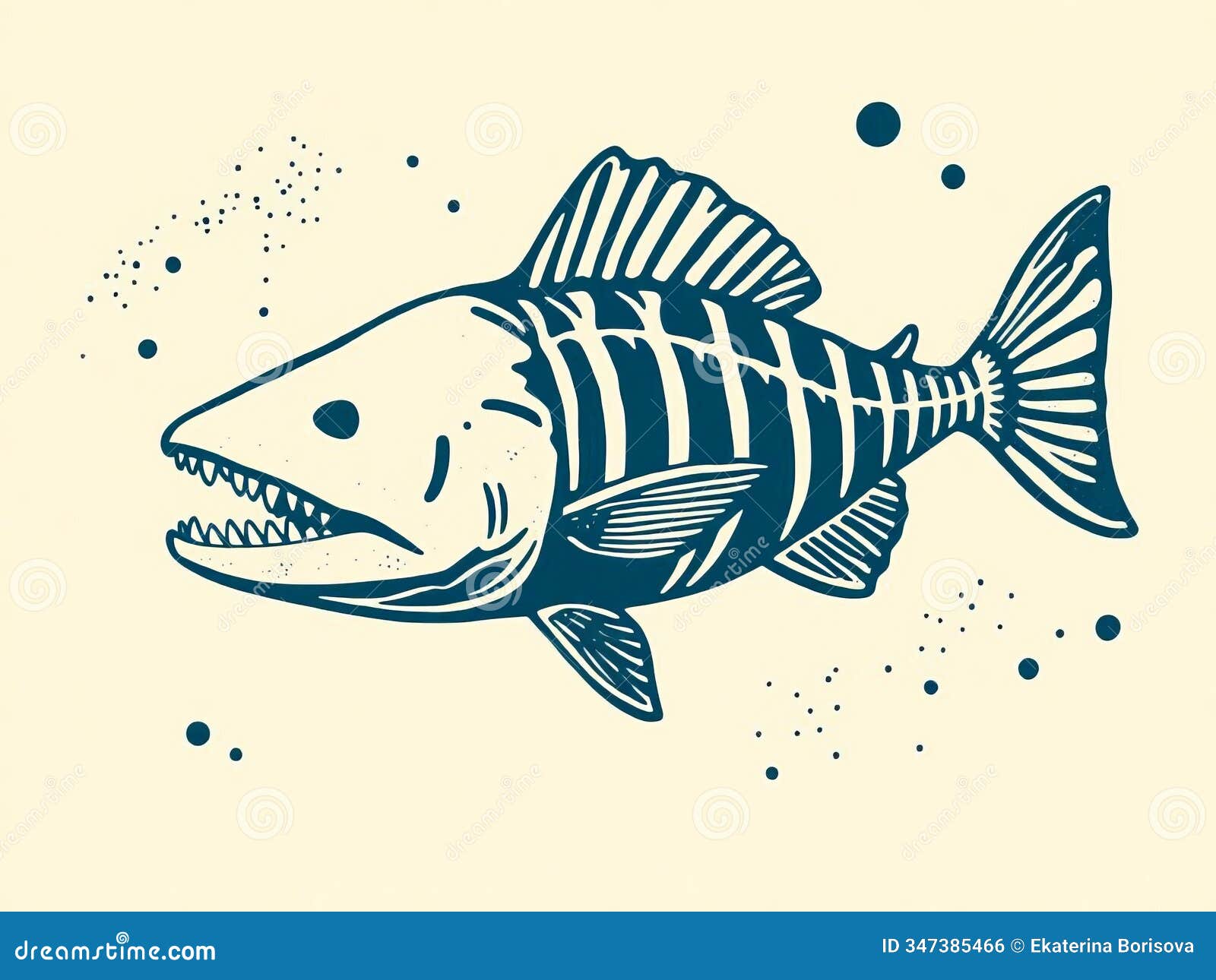 A Fish Skeleton is Shown in Blue and White Stock Illustration ...