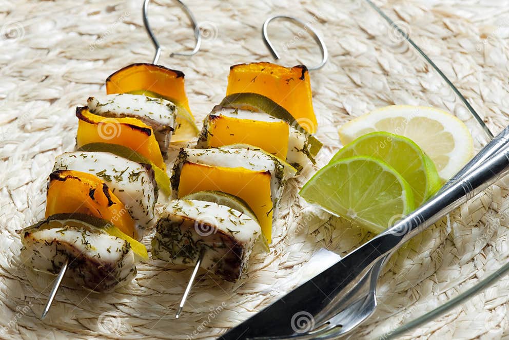 Fish skewers stock photo. Image of forks, dishes, healthy - 10222494