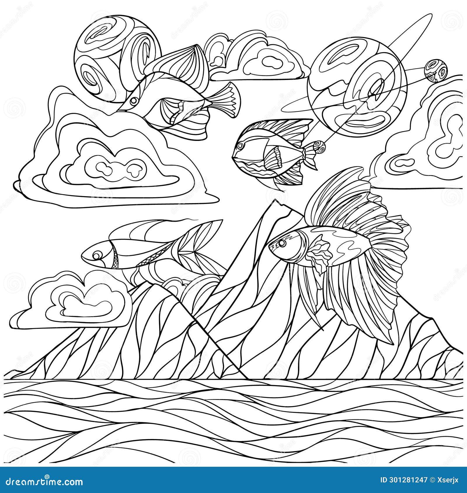 Fish in the Sky Line Art Design. Stock Illustration - Illustration of ...