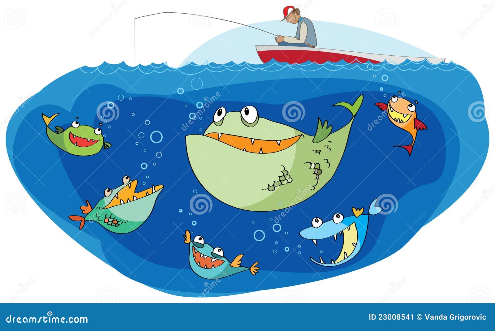 Fish And Sleeping Fisherman Cartoon Vector | CartoonDealer.com #23008541