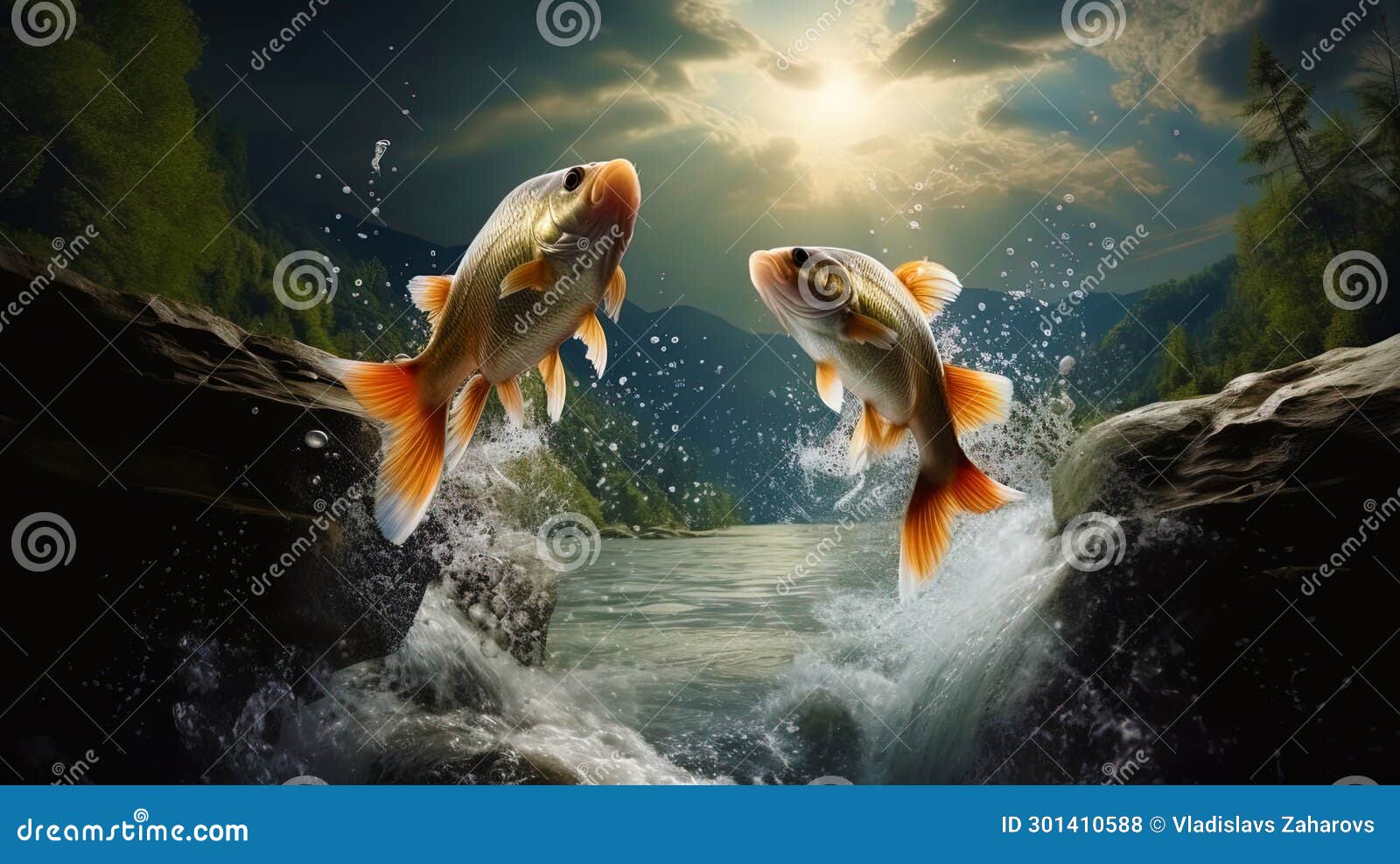 Fish in a Spectacular Jump, Reaching High Heights in the Waterfall ...