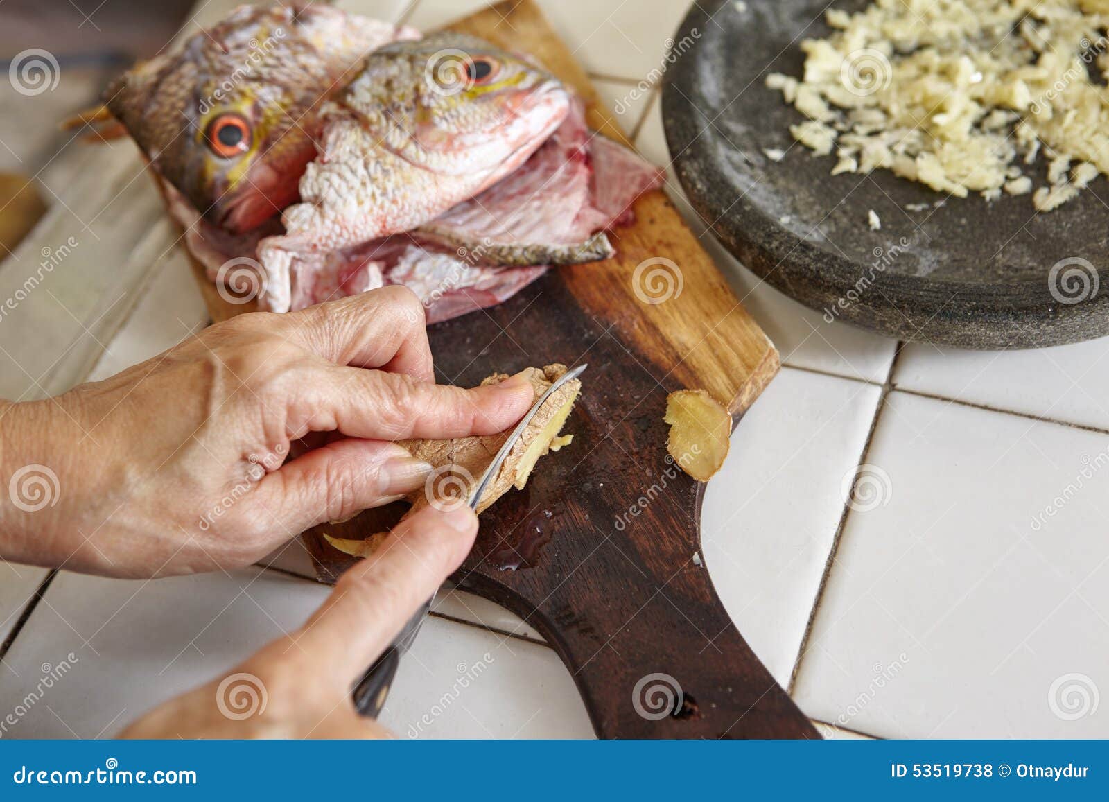 Fish and spices stock photo. Image of pestle, food, garlic - 53519738