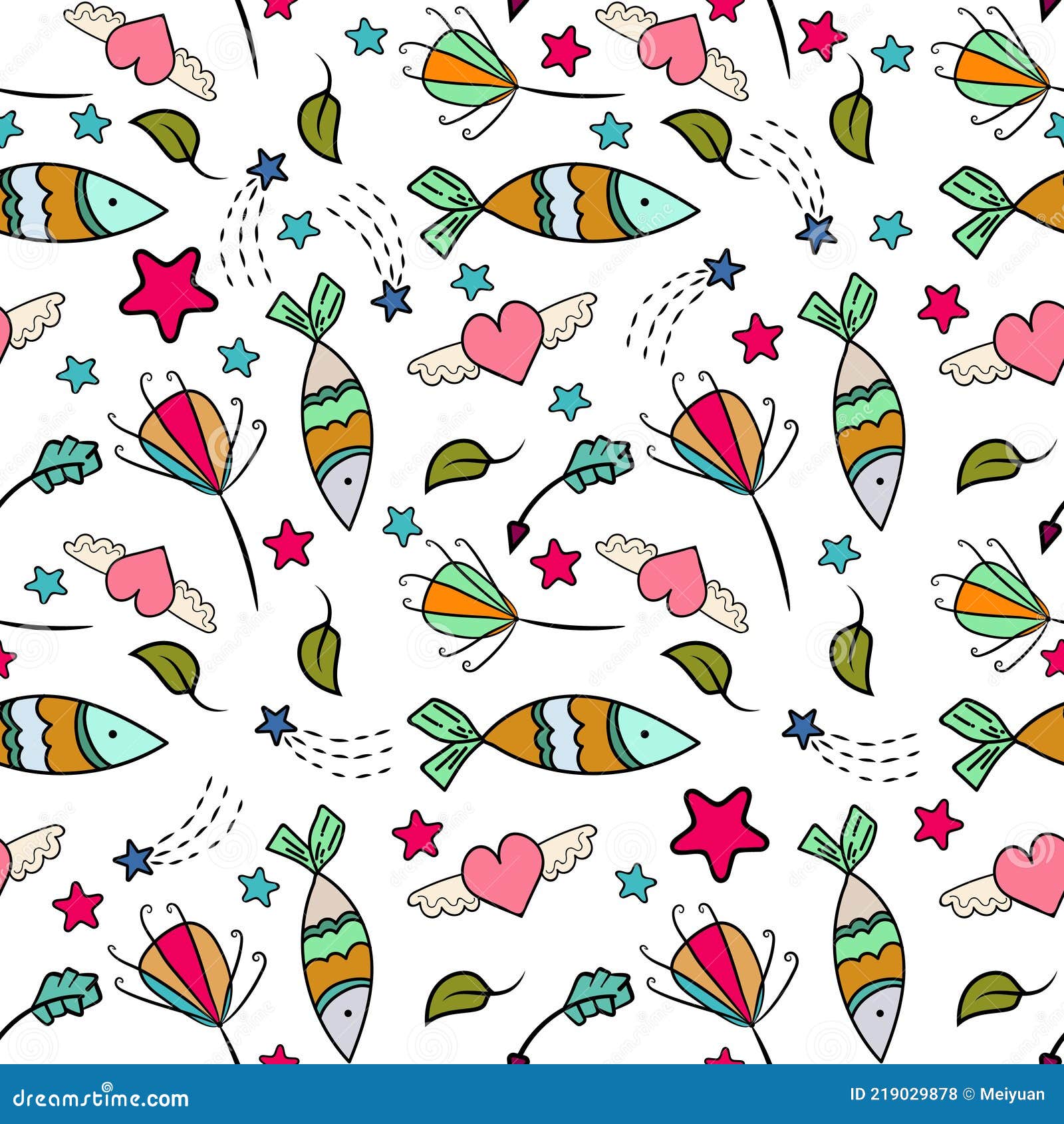 Fish and Star and Hearts Pattern in Beautiful Style. Doodle Pattern ...