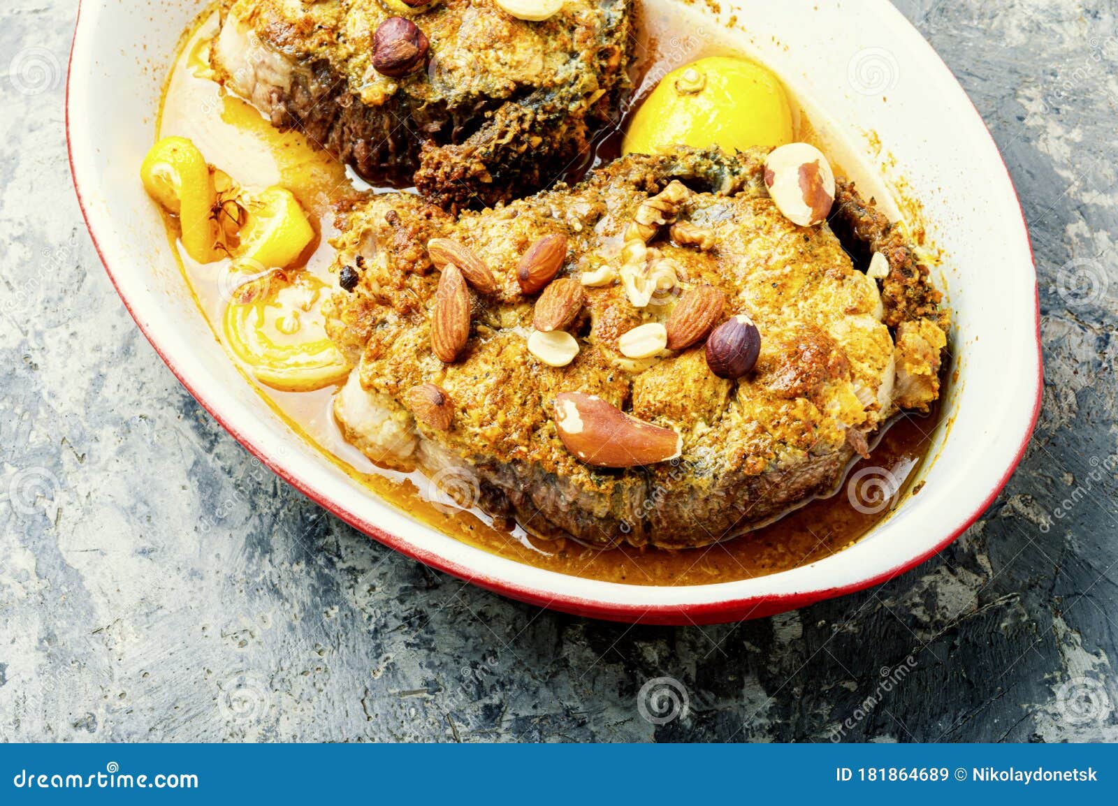 Fish steak with nut stock image. Image of close, golden - 181864689