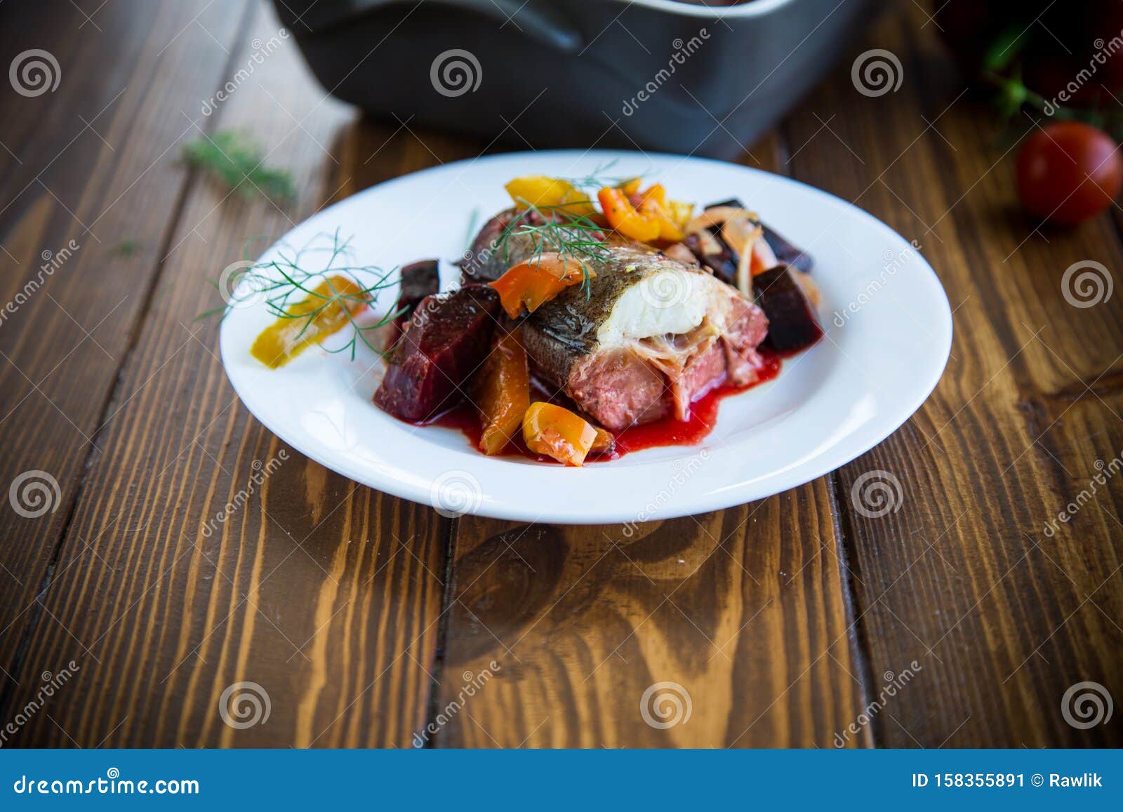 Fish Stew with Beets and Other Vegetables in a Plate Stock Image ...