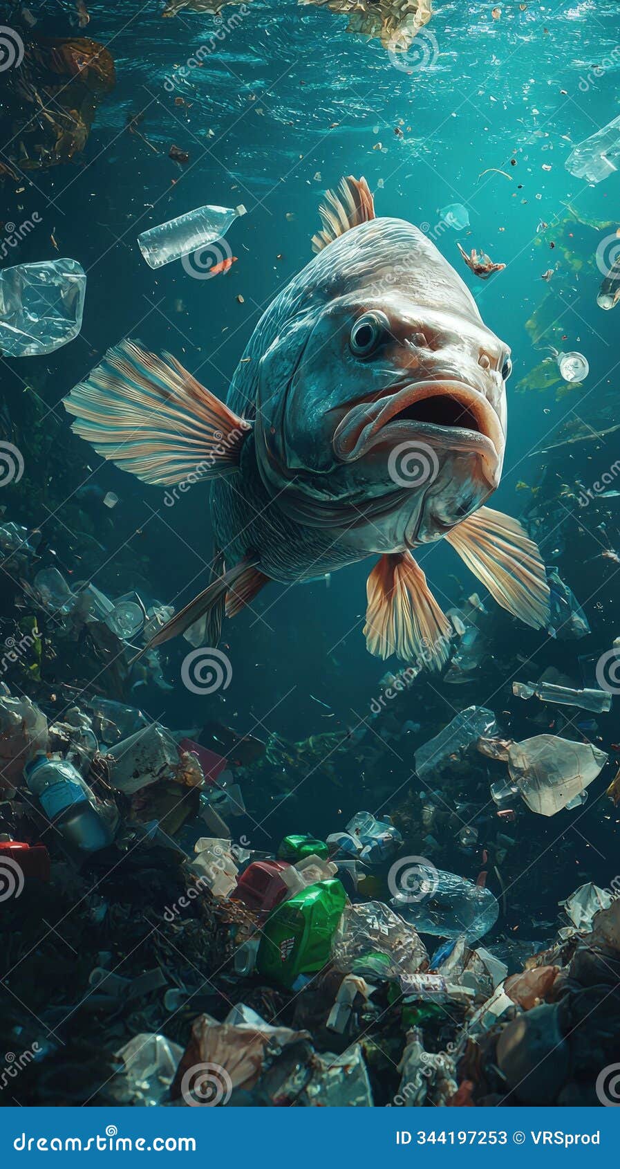 Fish Surrounded by Plastic Debris in Polluted Ocean Waters Stock Image ...