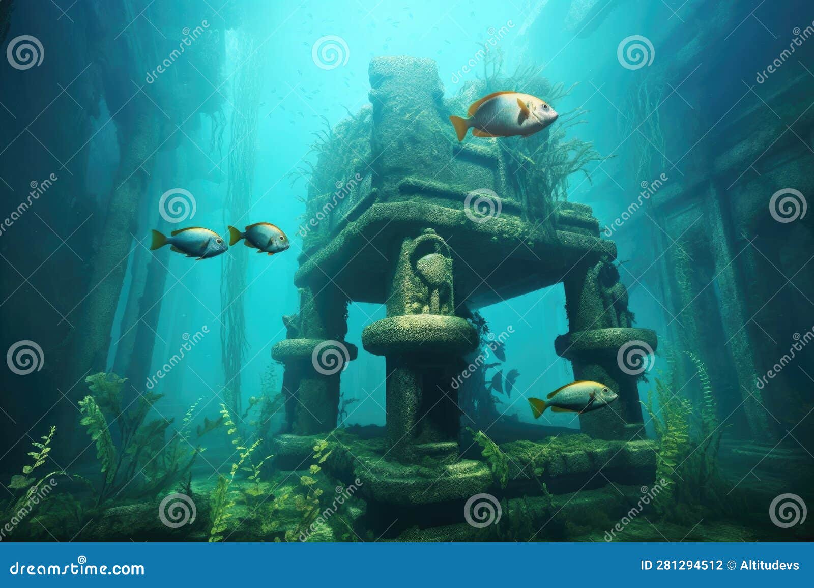 Fish Swimming Around a Forgotten Underwater Monument Stock Illustration ...