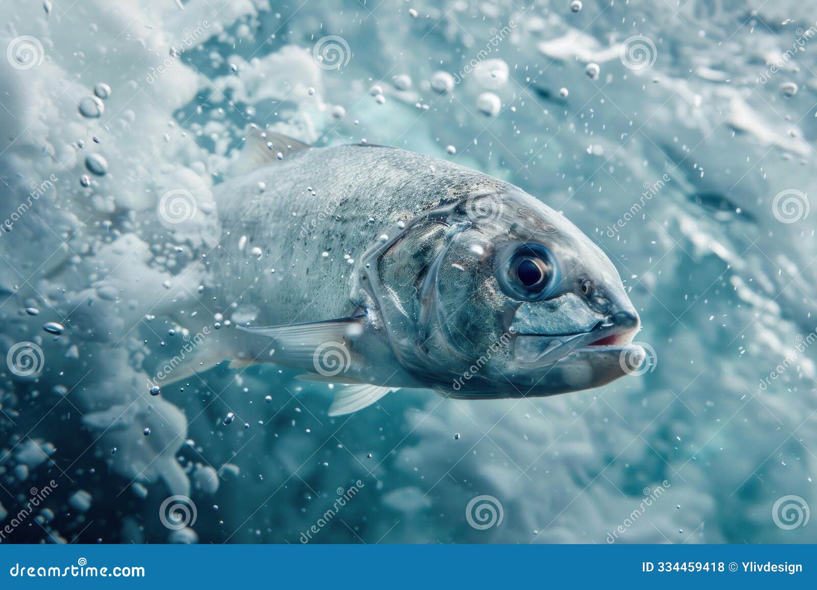 Fish Swimming through Blue Water with Air Bubbles Stock Photo - Image ...