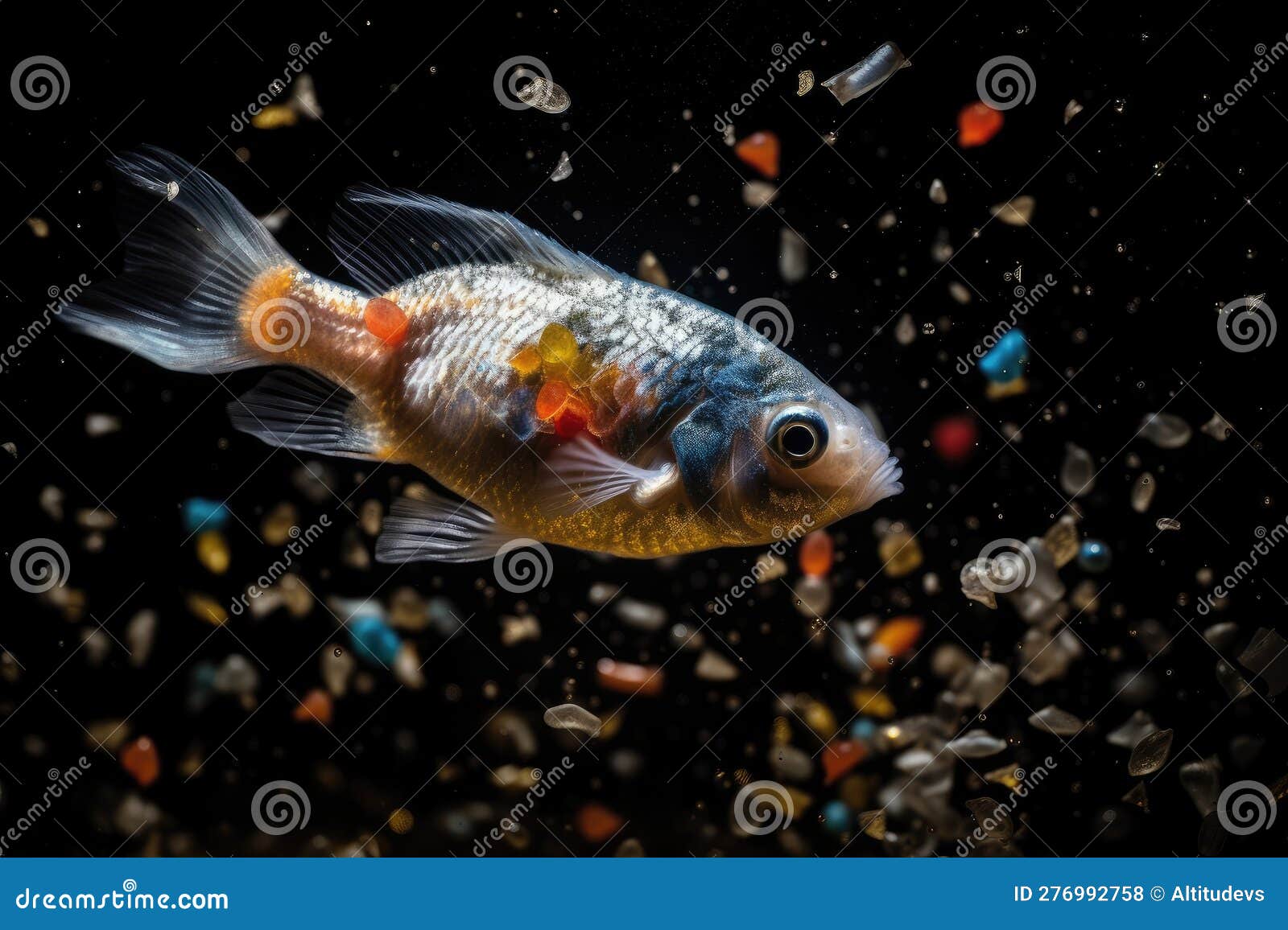 A Fish Swimming In A Tank, Surrounded By Microplastics Royalty-Free ...