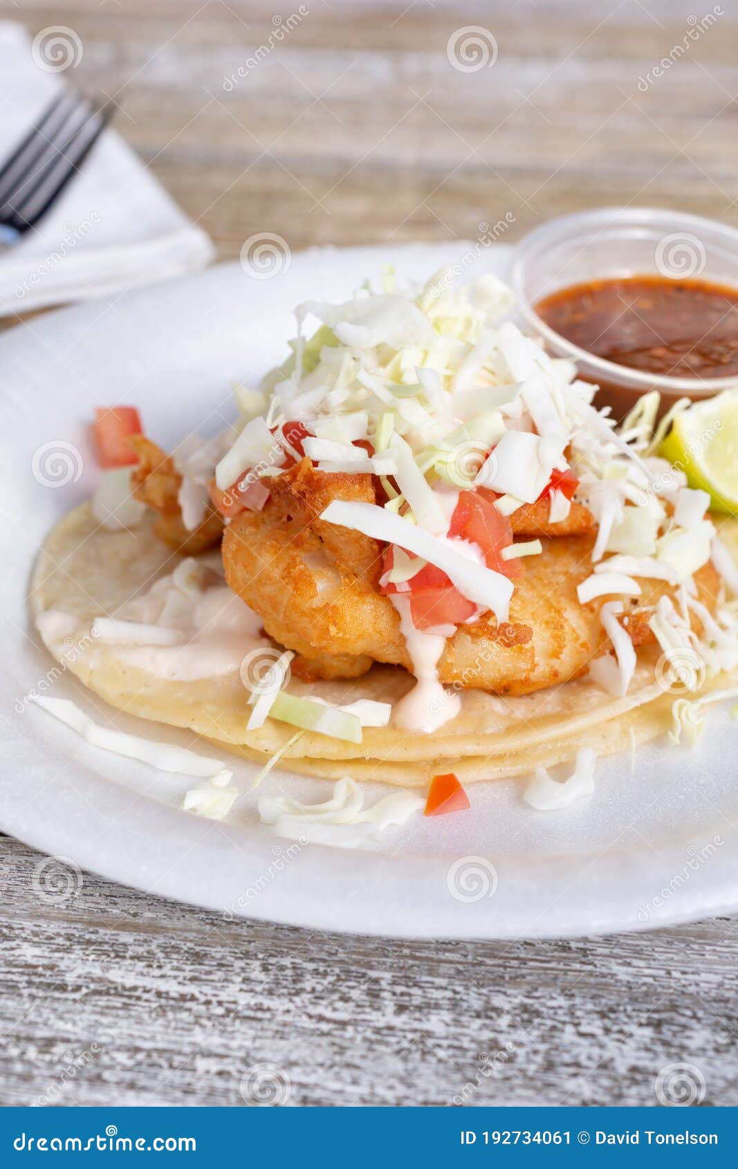 Fish taco plate stock image. Image of food, cream, drink - 192734061