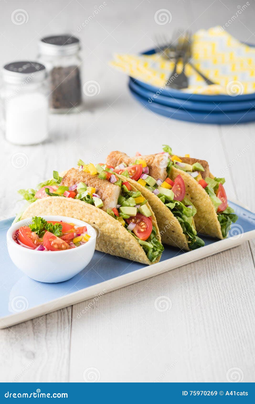 Fish Tacos Shell with Avocado Salsa Stock Image - Image of capsicum ...