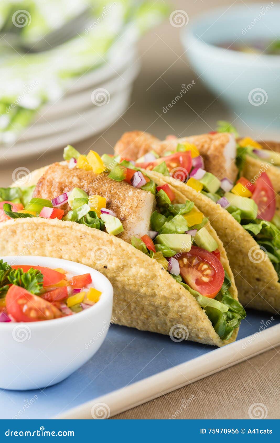 Fish Tacos Shell with Avocado Salsa Stock Photo - Image of nacho, food ...