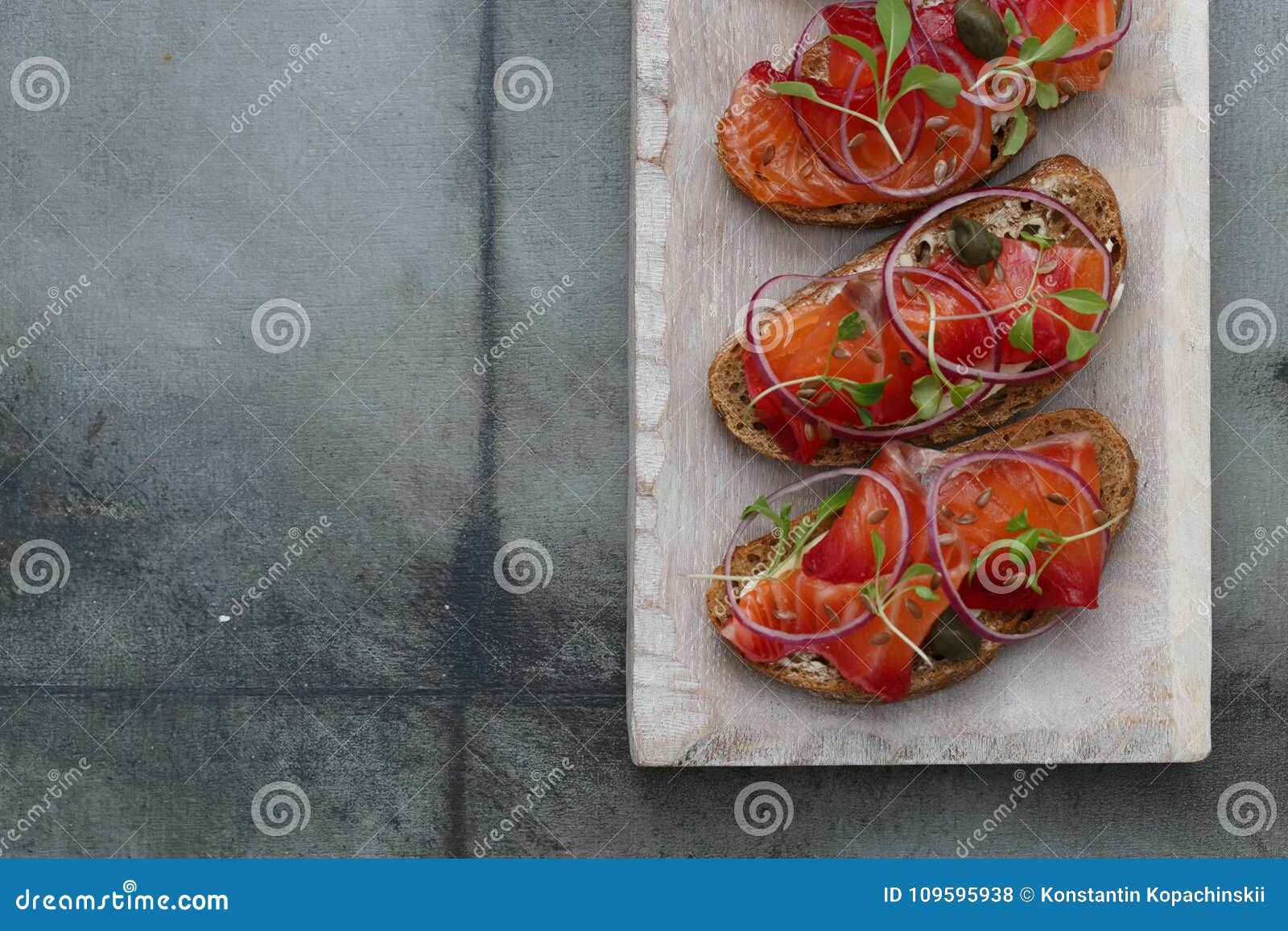 Fish Tapas on Crusty Bread, Bread and Cured Salmon Stock Photo - Image ...