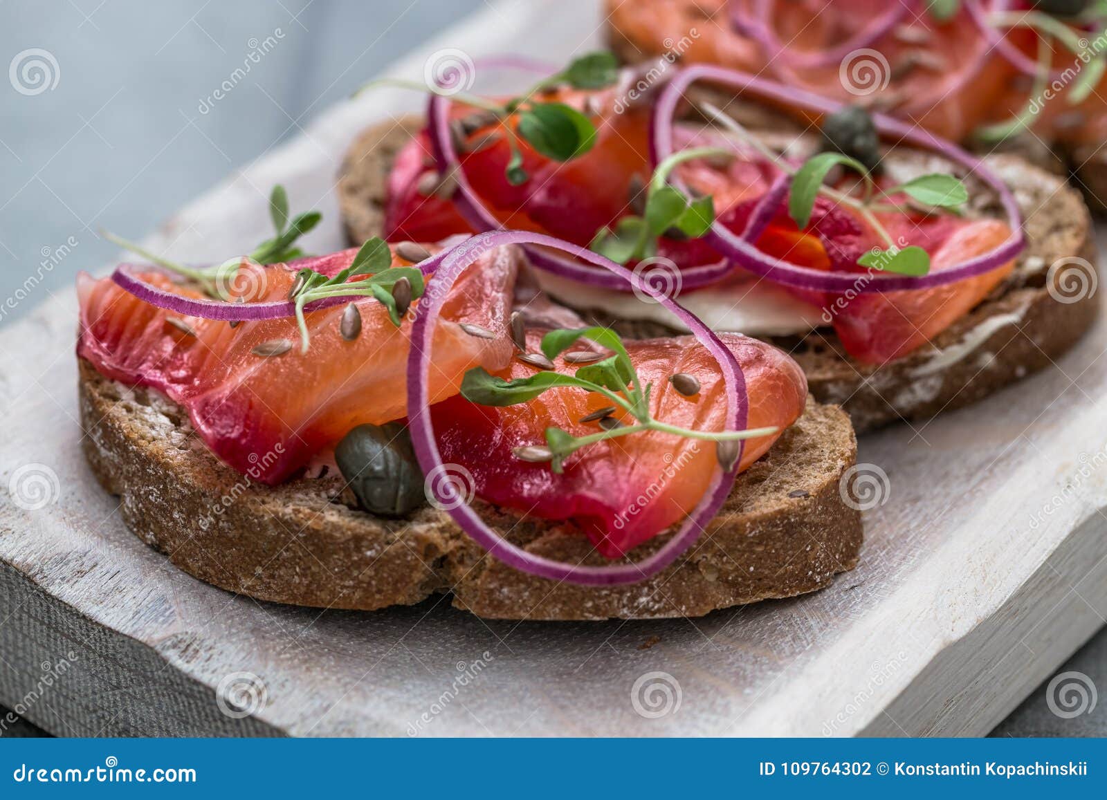 Fish Tapas on Crusty Bread, Bread and Cured Salmon Stock Photo - Image ...