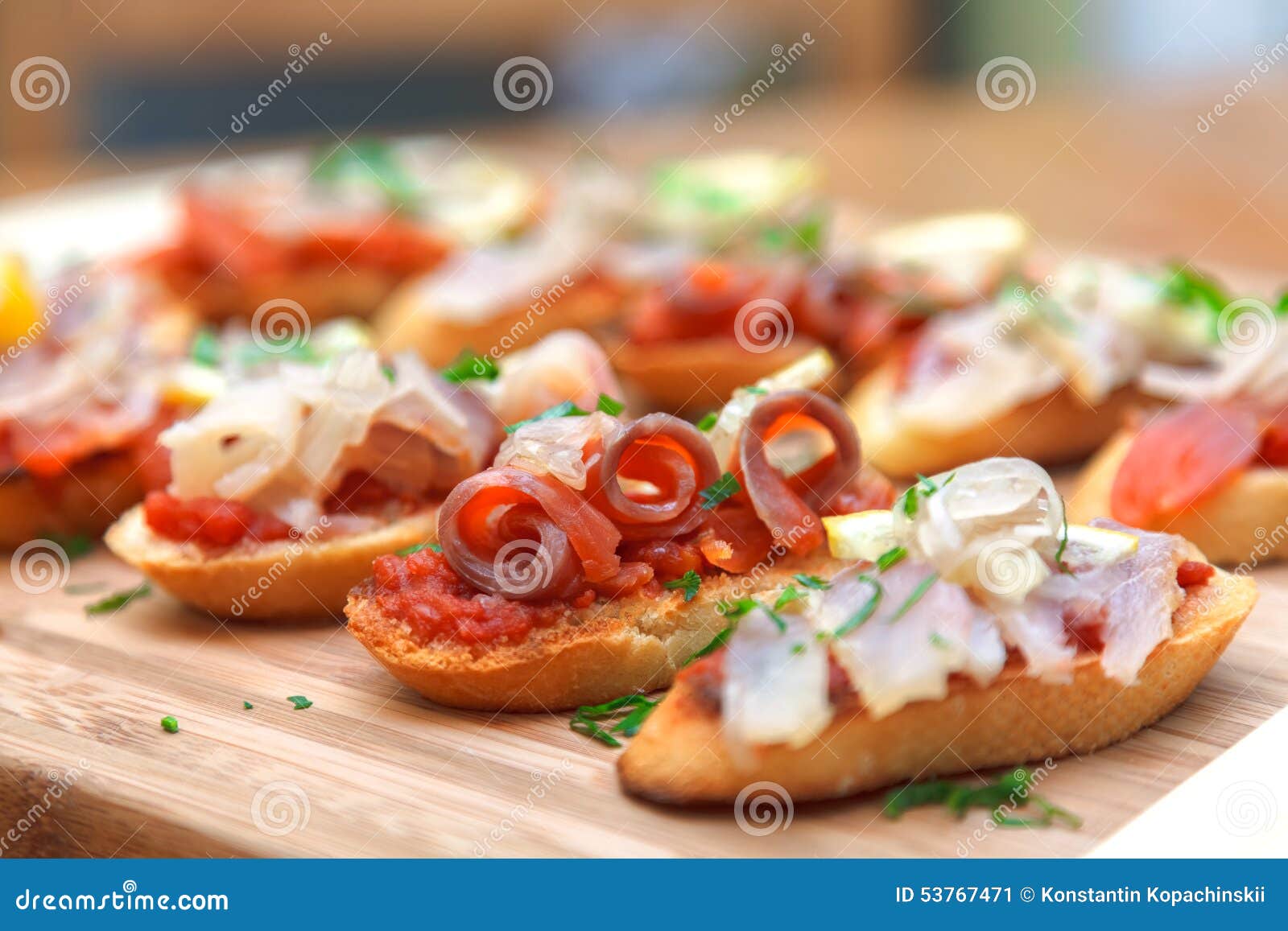 Fish tapas stock image. Image of pinchos, baguette, cold - 53767471